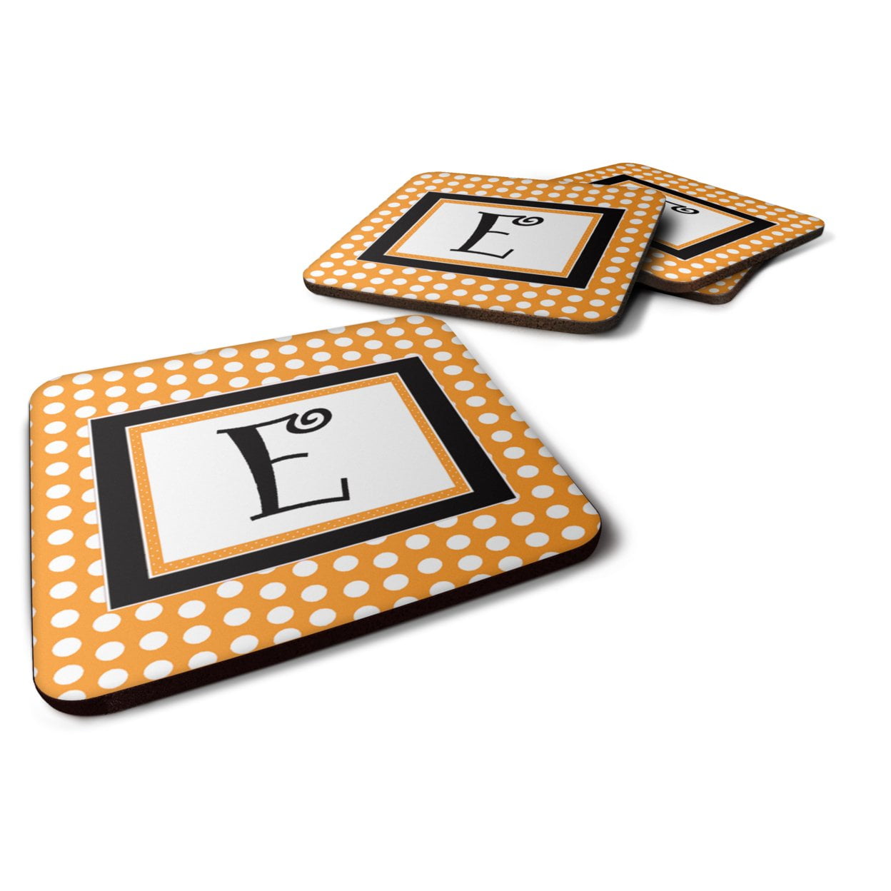 Letter E Initial Monogram - Orange Polkadots Foam Coaster Set of 4 ...