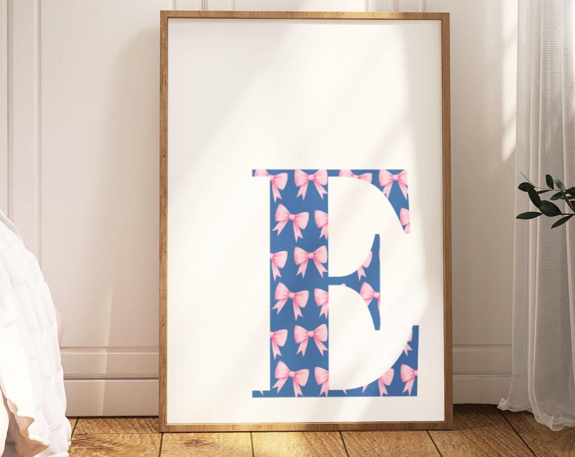 Letter E Poster, Pink Bow Print, Preppy Wall Art, Blue E Initial Print ...