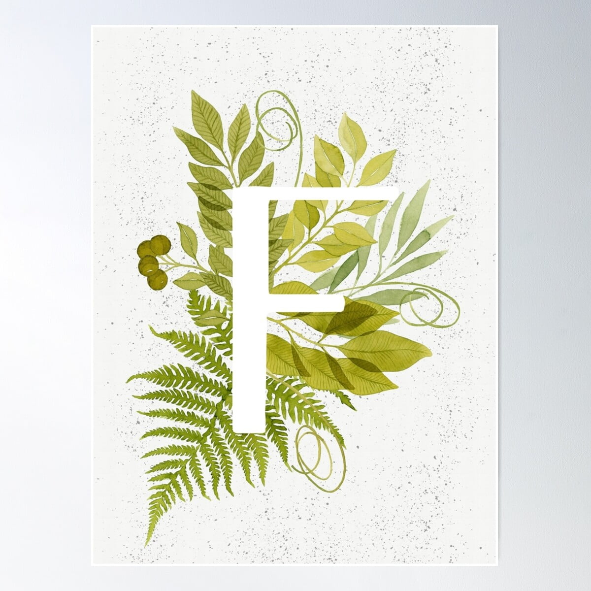 Letter F Monogram With Green Watercolor Fern And Leaves Poster Wall Art ...