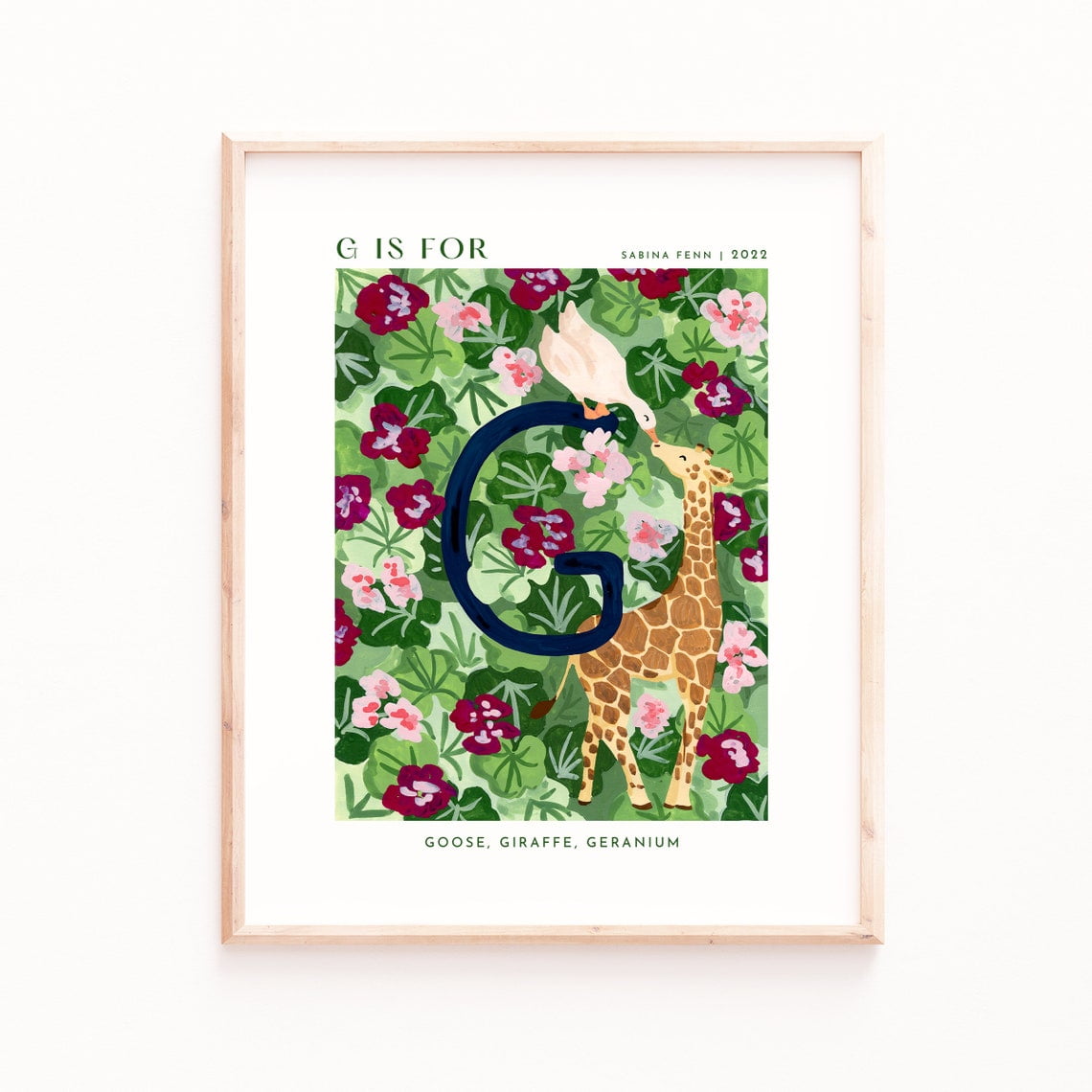 Letter G Nursery Art Print, Goose and Giraffe with Geranium (Various ...