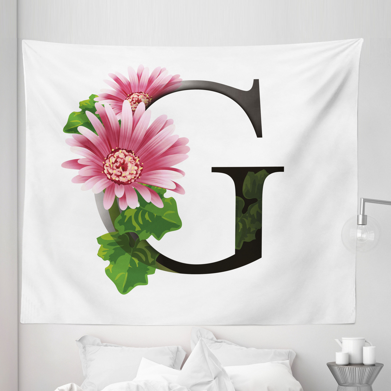 Letter G Tapestry, Alphabet Letter with Blossoming Gerbera Flower and G ...