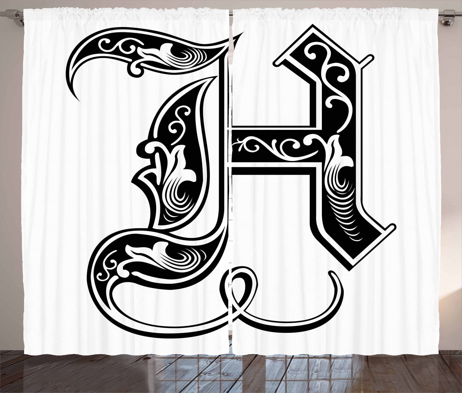 Ambesonne Letter H Curtains 2 Panel Set, Rococo Influences, 108" x 108 ...