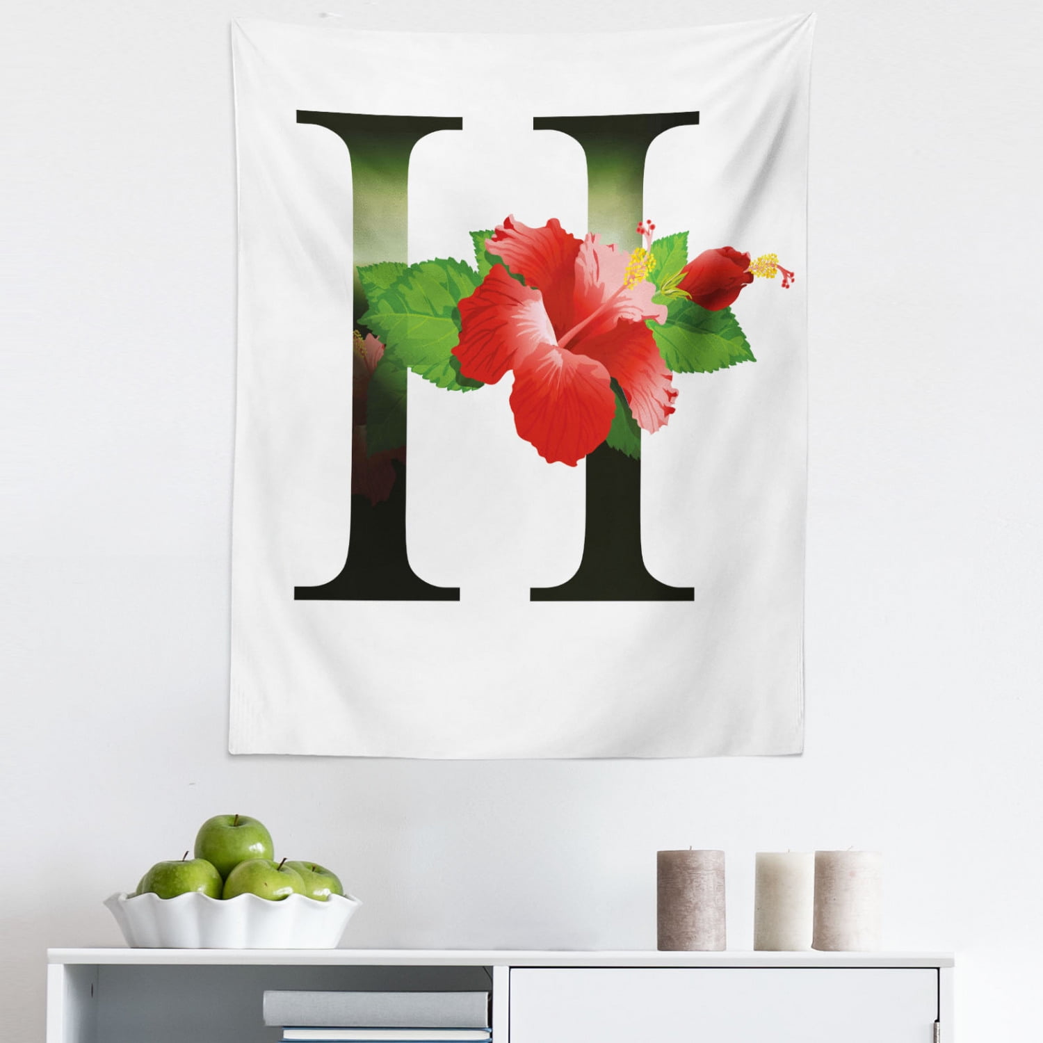 Letter H Tapestry, Hibiscus Design Green Leaves Vibrant Color Flower ...