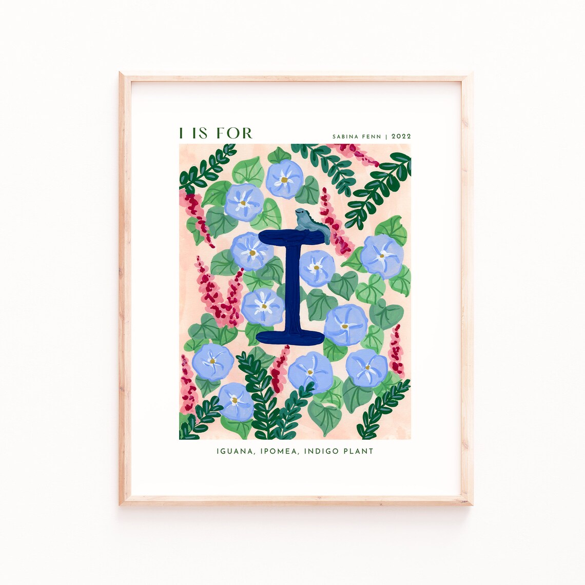 Letter I Art Print, Iguana and Ipomoea (Indigo Nursery Decor) Poster ...