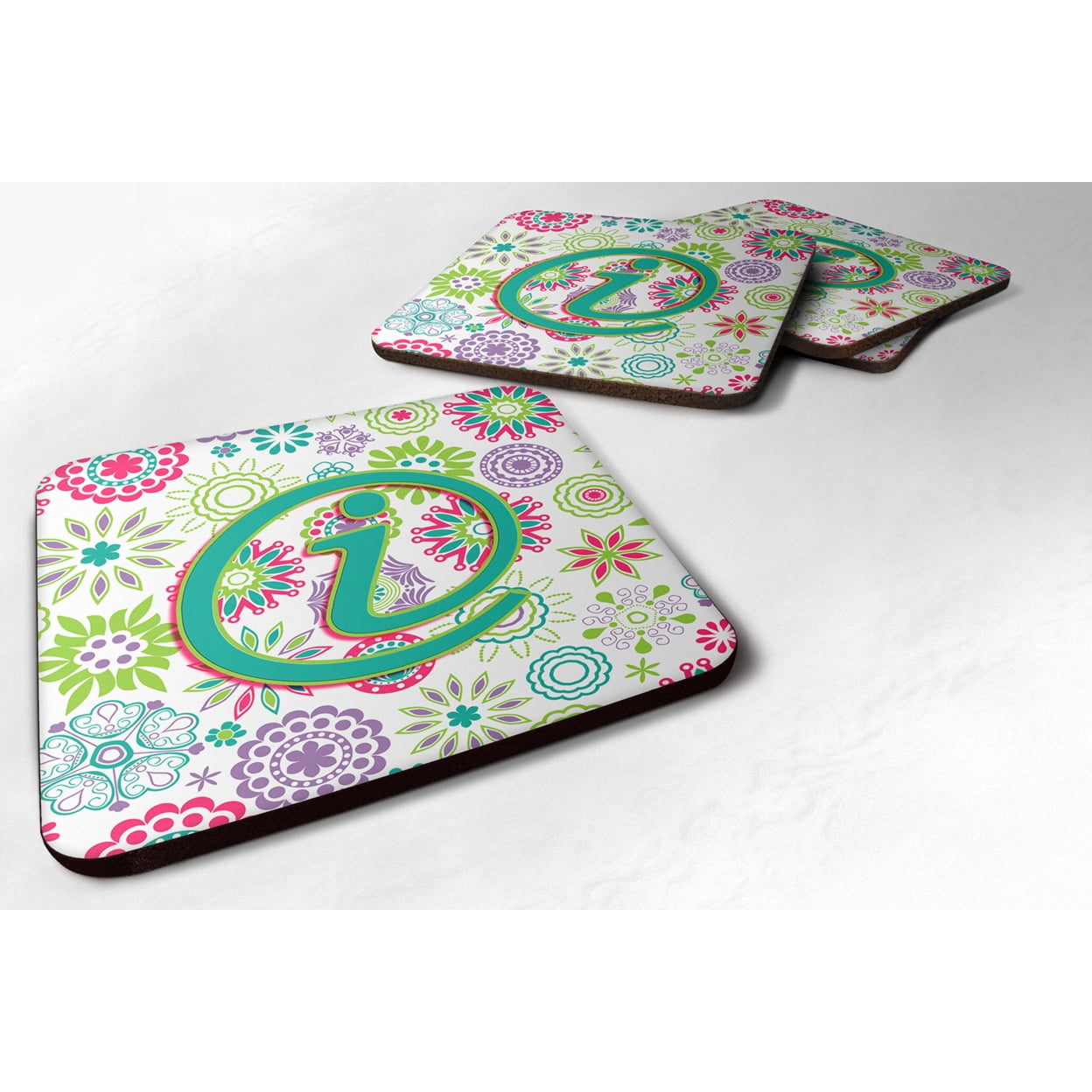 Letter I Flowers Pink Teal Green Initial Foam Coaster Set of 4 ...