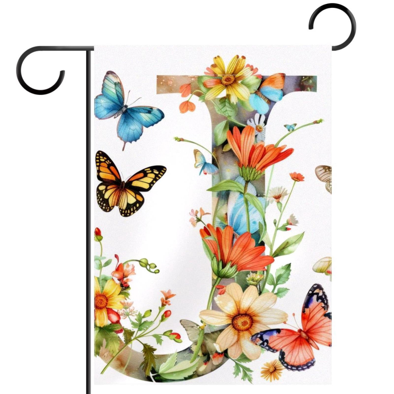 Letter J with Butterflies Flowers Watercolor Pattern Welcome Garden ...