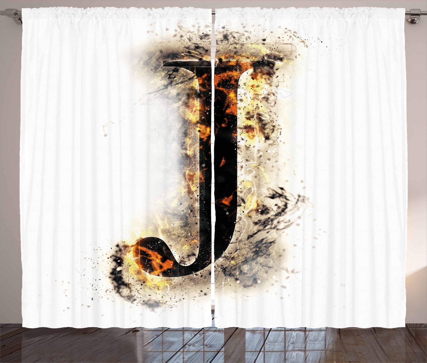 Letter J Curtains 2 Panels Set, Majuscule J Burning Effects Retro ...