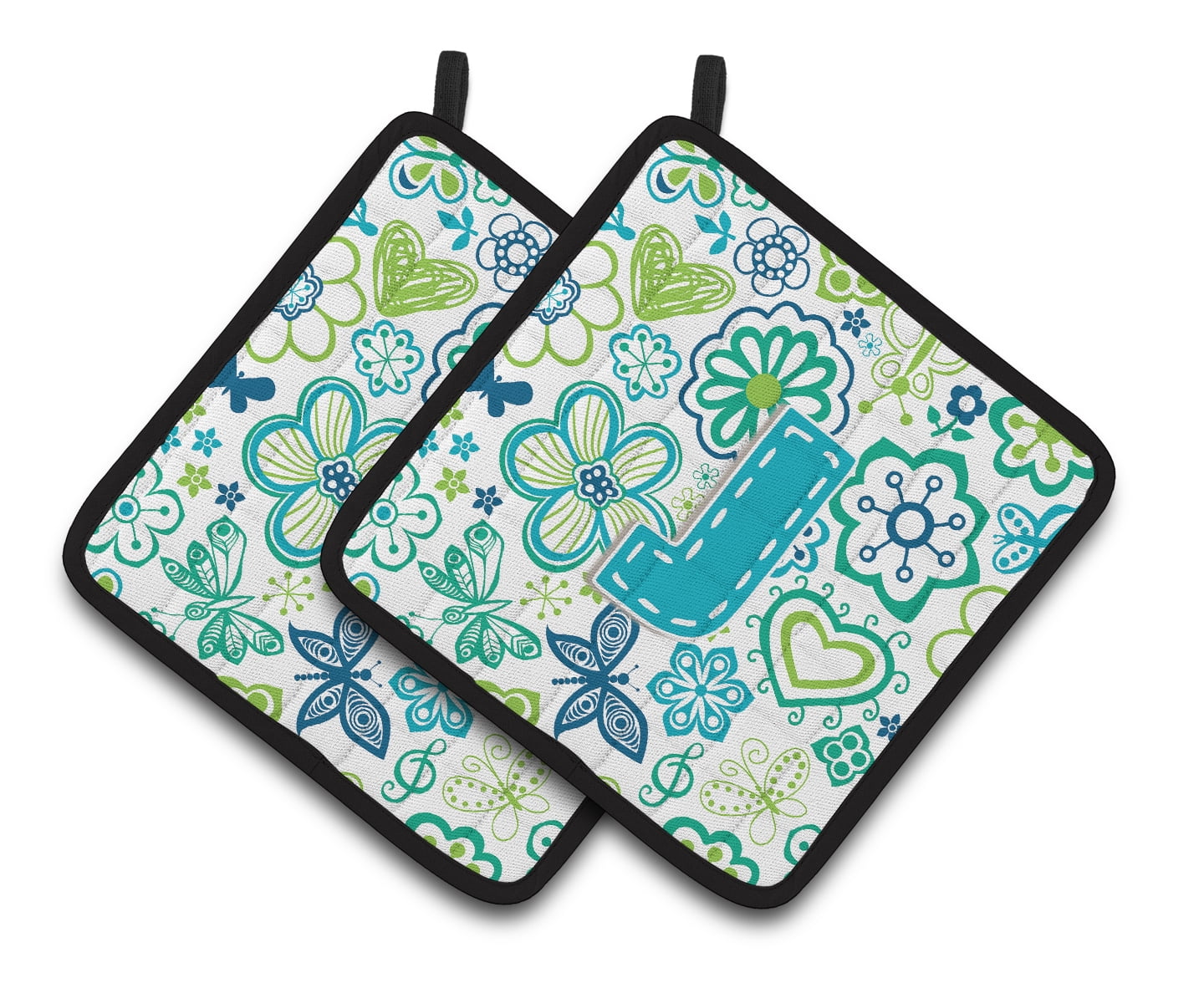 Letter J Flowers and Butterflies Teal Blue Pair of Pot Holders ...