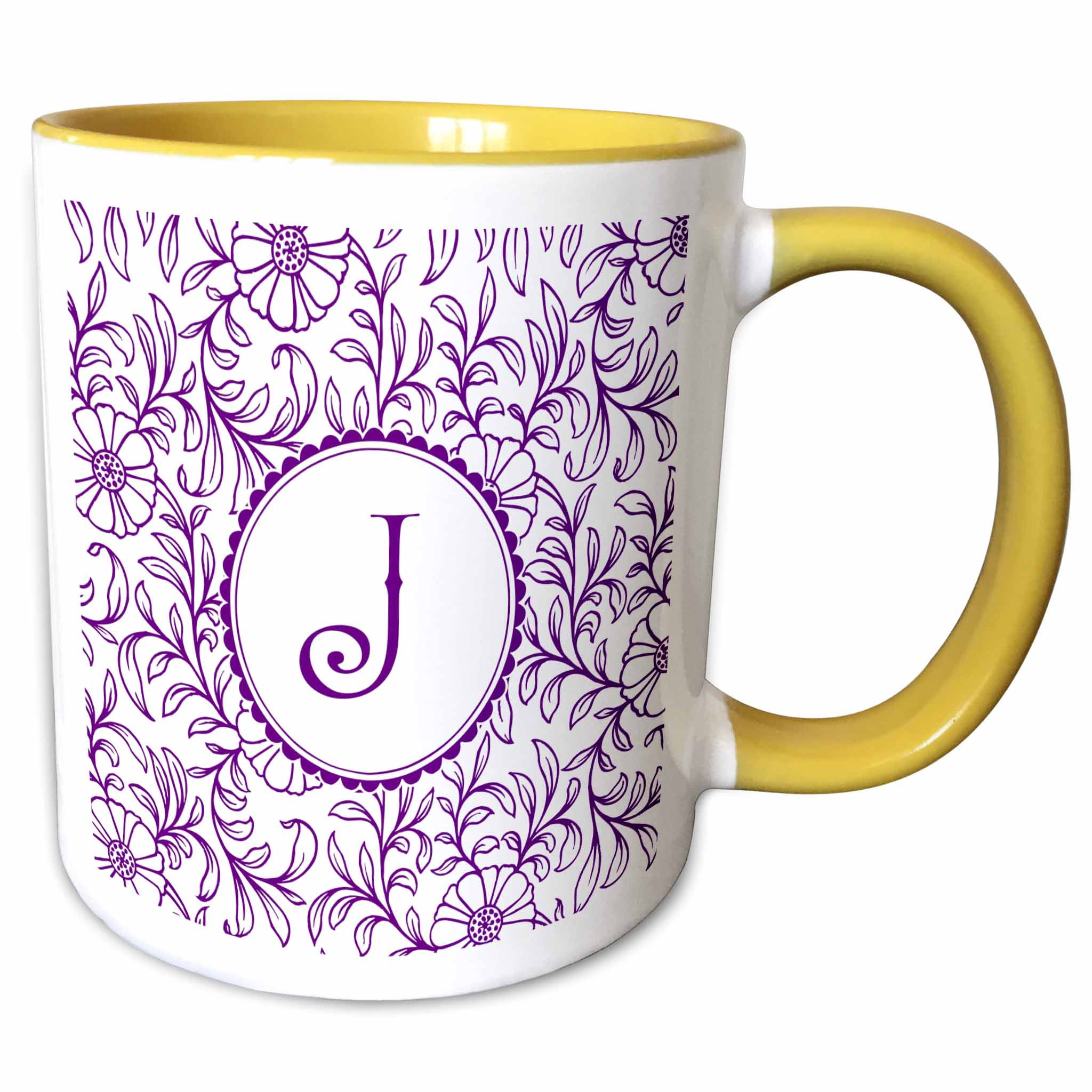 3drose, Letter J in Circle Over Swirly Floral Pattern in Purple and ...