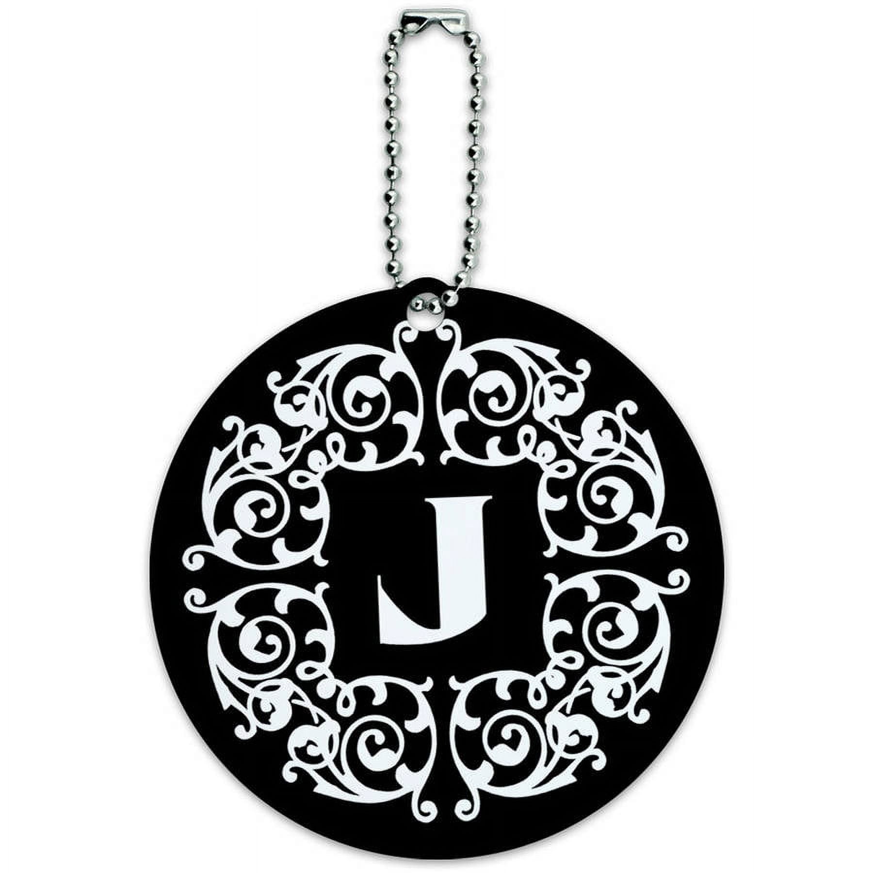 Letter J Initial Black White Scrolls Round Luggage ID Tag Card for ...
