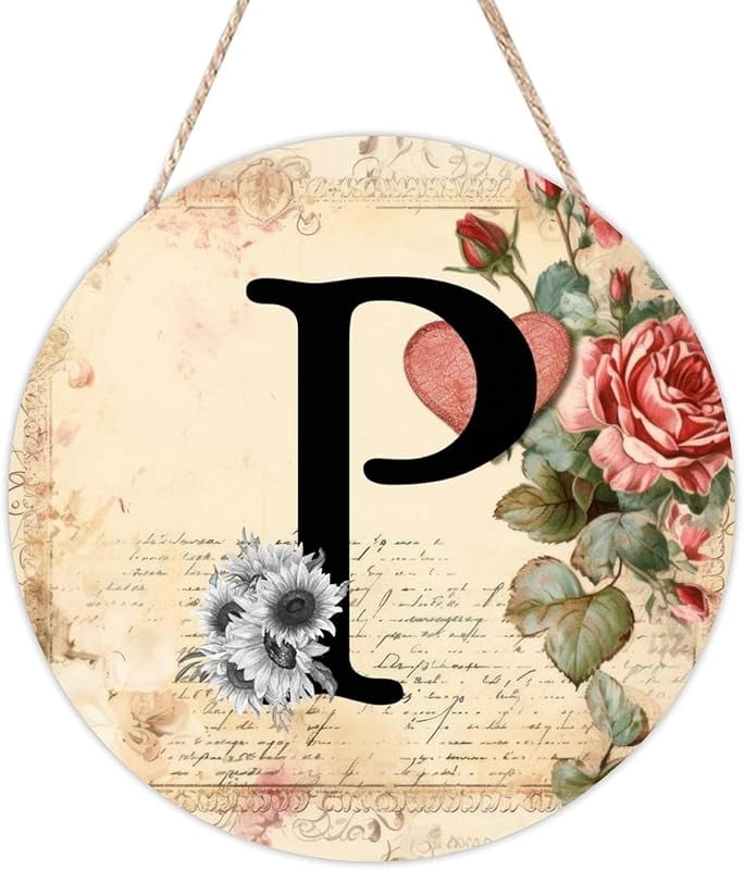 Letter J Initial Round Wood Door Decor Sign Black Sunflower Rustic ...