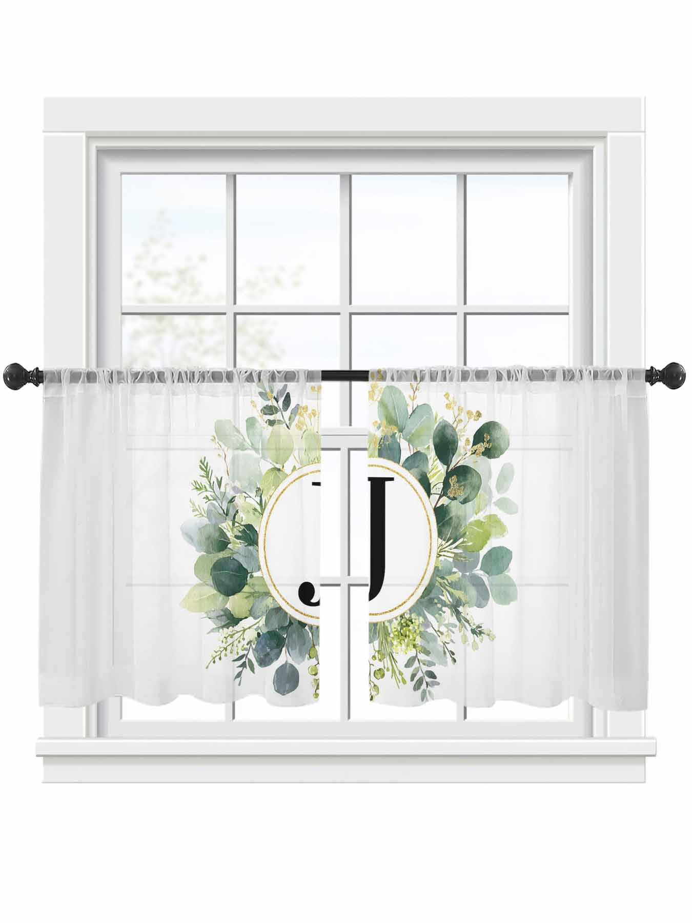 Letter J Sheer Curtains 54 inches Long, Alphabet Green Eucalyptus ...