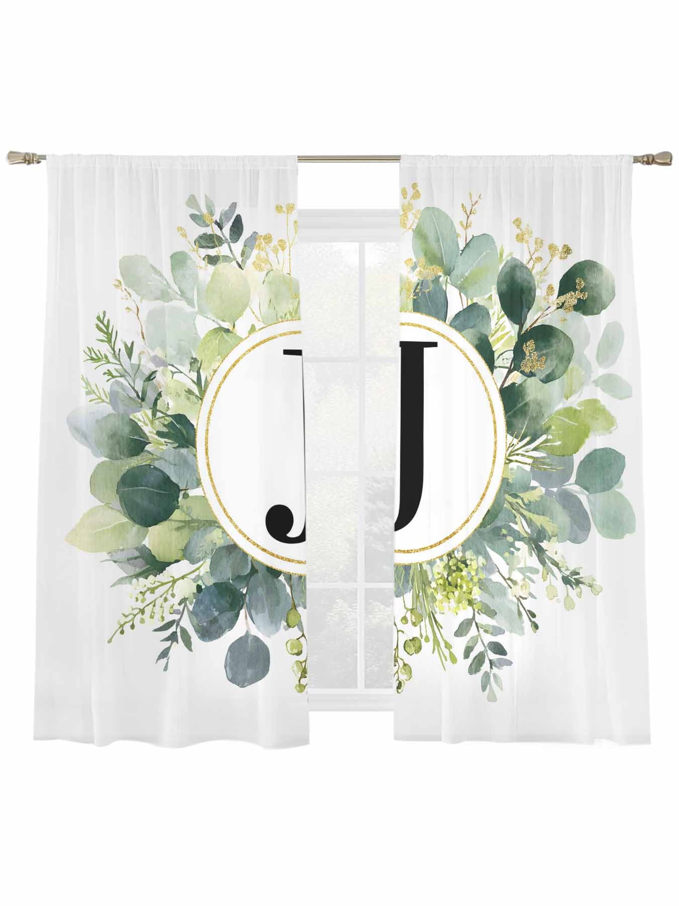 Letter J Sheer Curtains 63 inches Long, Alphabet Green Eucalyptus ...