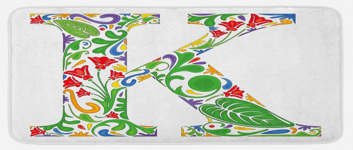 Letter K Kitchen Mat, Vivid Color Scheme Natural Inspirations Flowers ...