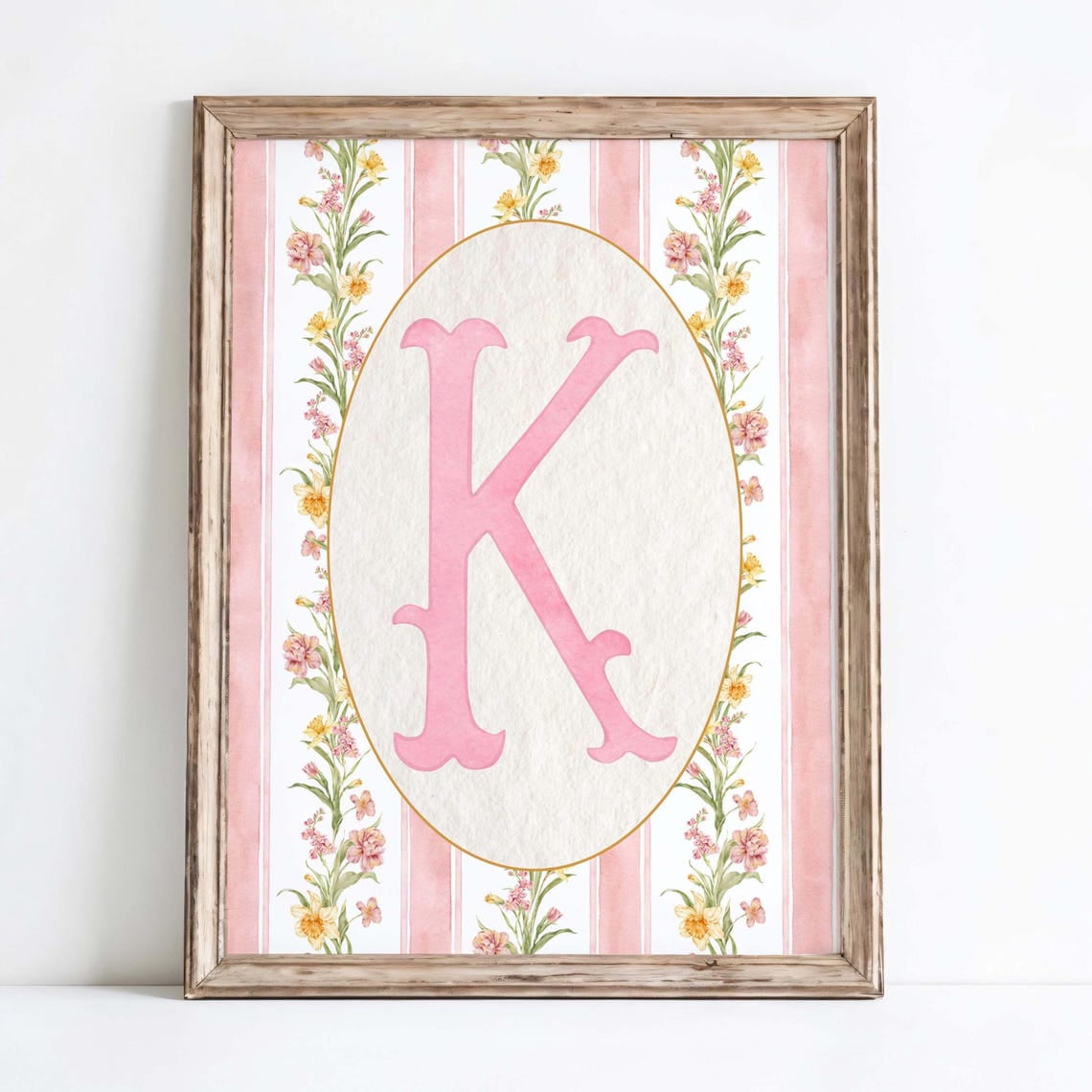 Letter K Nursery Art Print, Pink Floral Stripe Decor, Cottagecore Girl ...