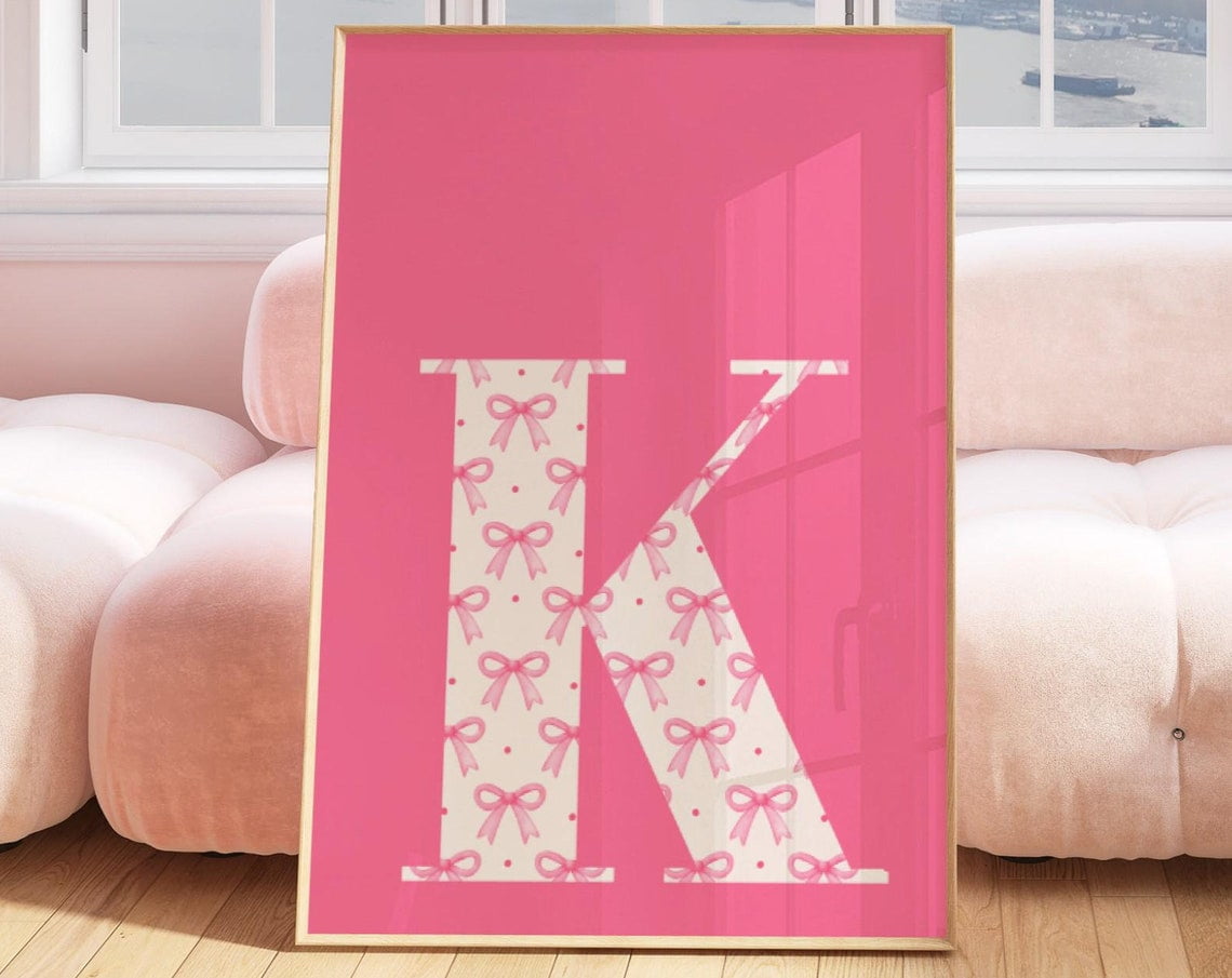 Letter K Poster, Pink Bow Print, Preppy Wall Art, K Initial Print, Cute ...