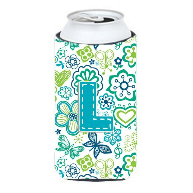 Letter L Flowers and Butterflies Teal Blue Tall Boy Beverage Insulator ...