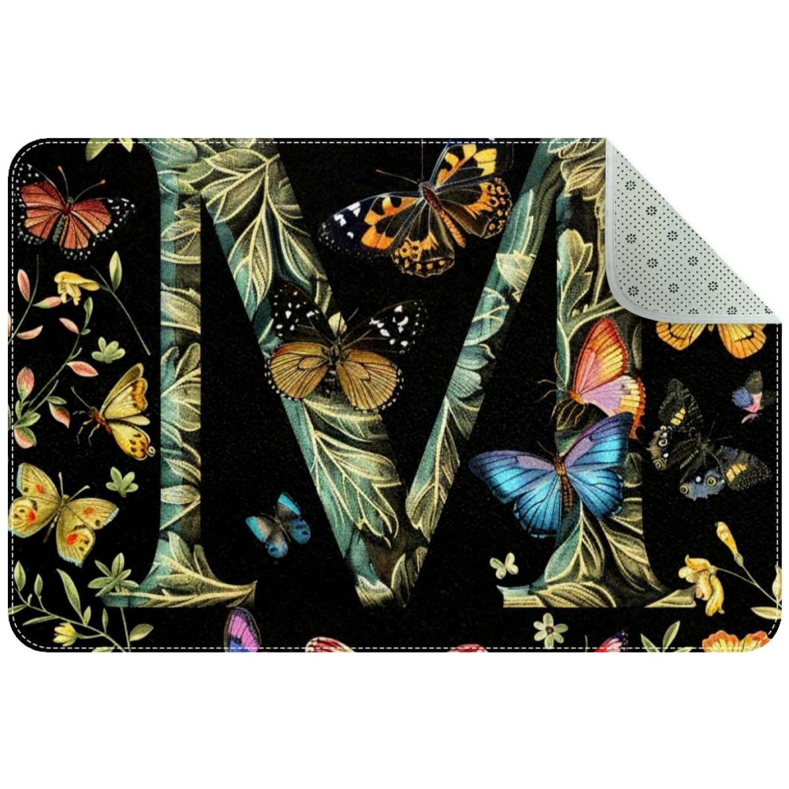 Letter M with Colorful Butterflies Black Background Small Area Rug, Non-Slip Door Mat Indoor ...
