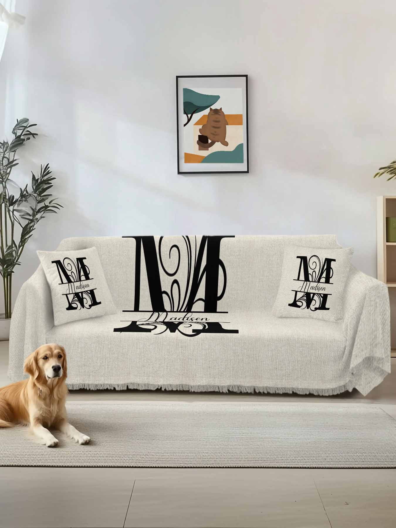 Letter M Couch Cover for 2 Cushion Sofa, Monogram Words Washable ...