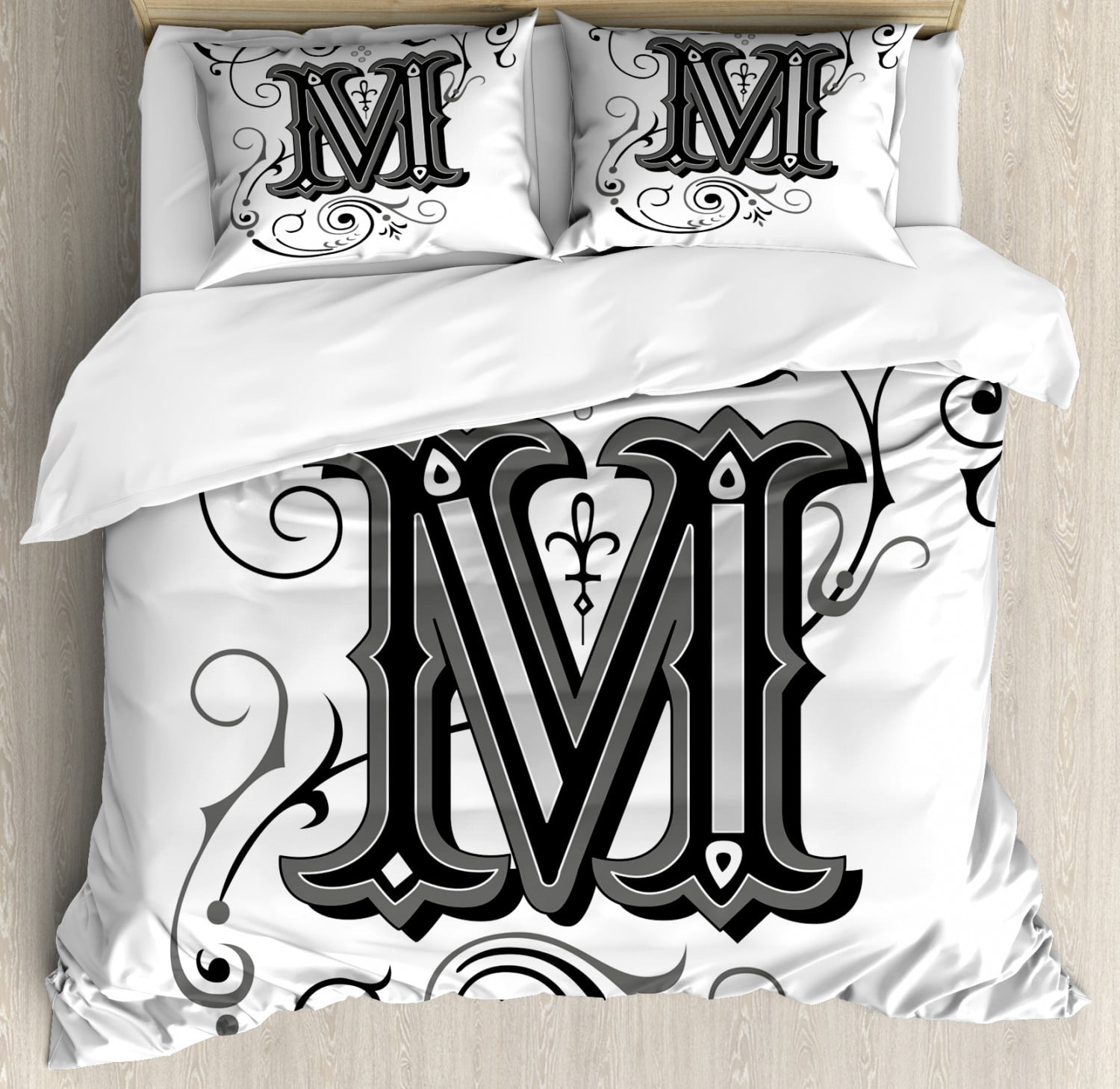Letter M Duvet Cover Set King Size, Abstract Ornamental Design in Dark ...