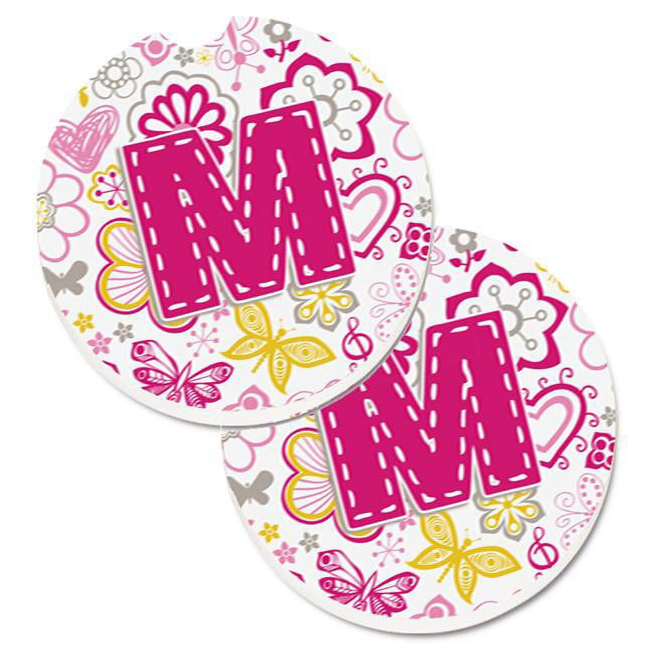Letter M Flowers & Butterflies Pink Set of 2 Cup Holder Car Coaster ...