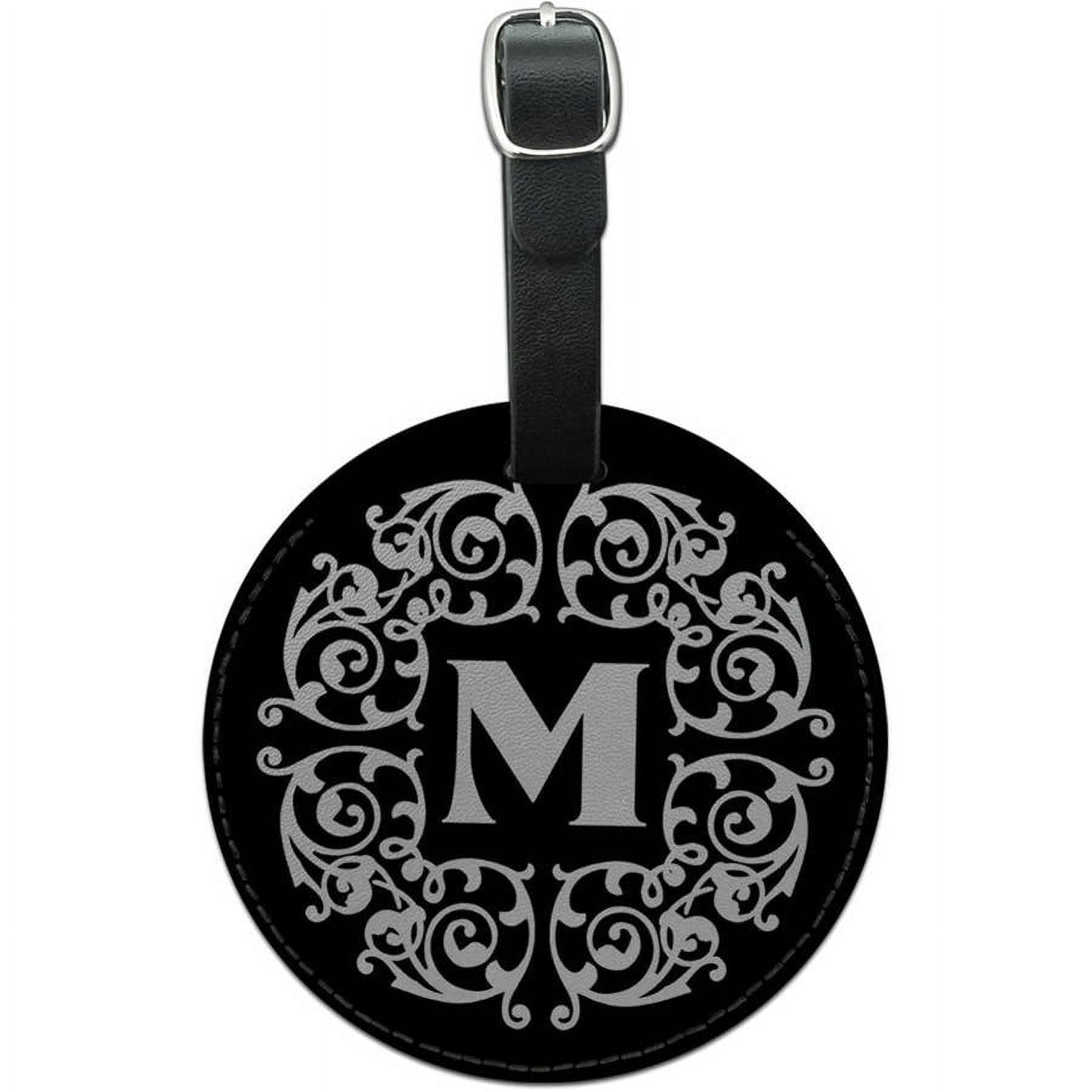 Letter M Initial Black White Scrolls Round Leather Luggage ID Tag ...