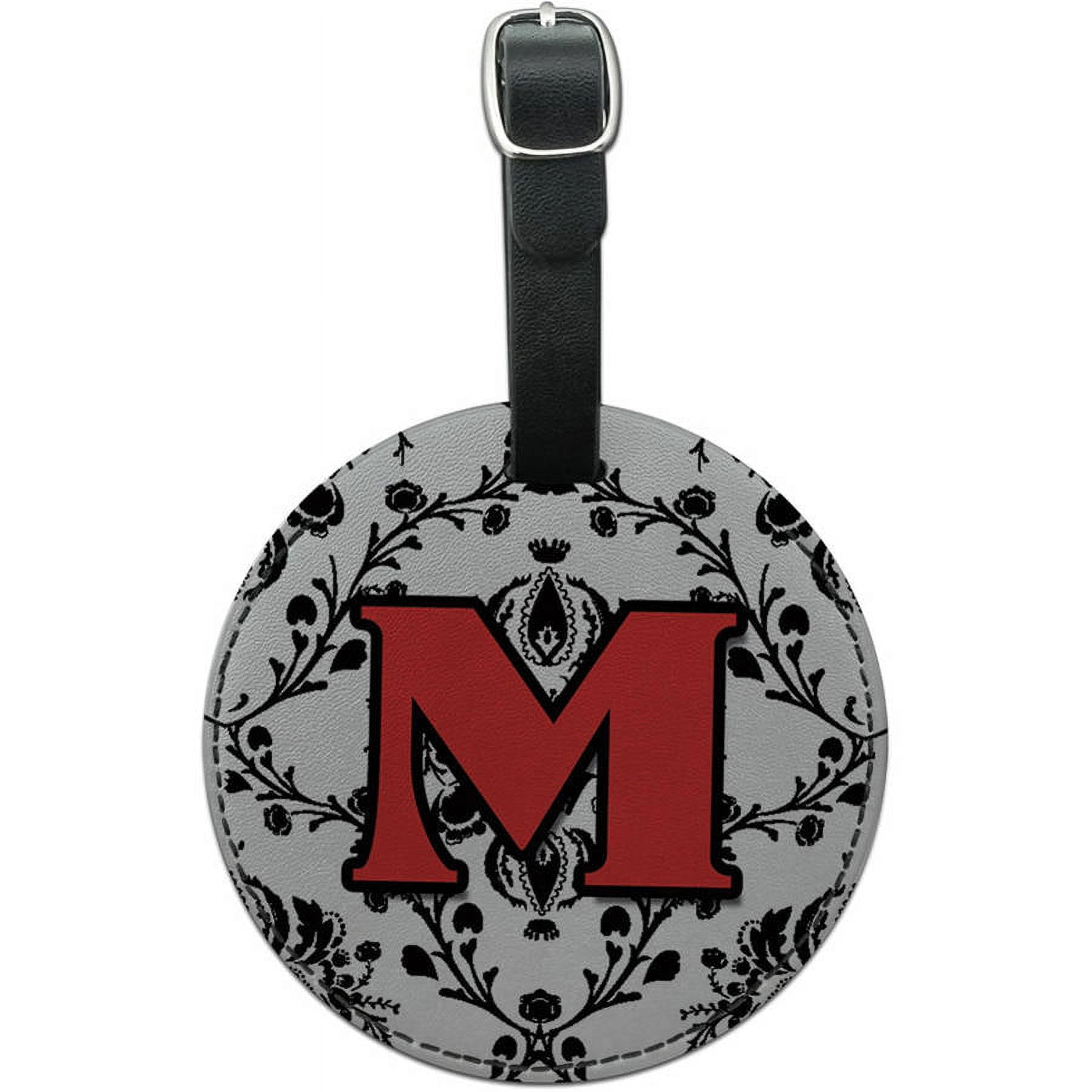Letter M Initial Damask Elegant Red Black Round Leather Luggage ID Tag ...