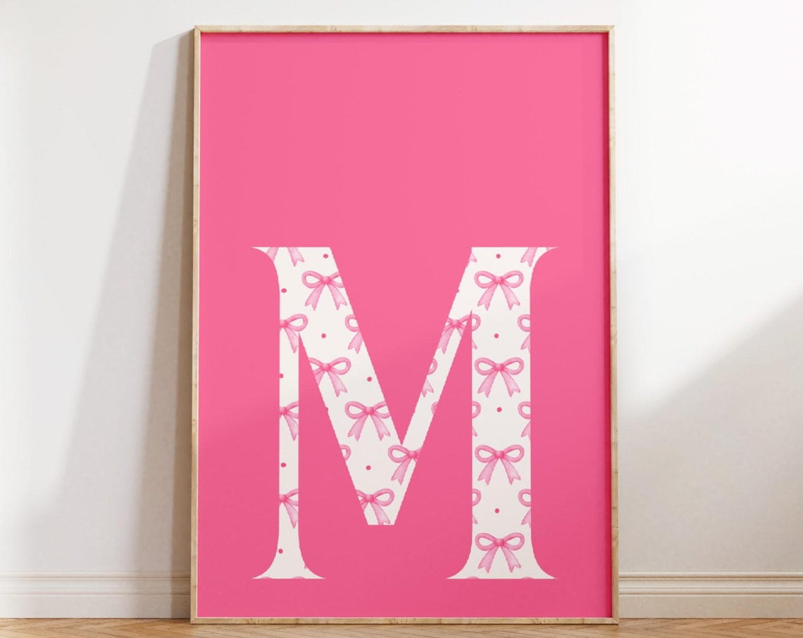 Letter M Initial Poster Pink Preppy Bow Wall Art M Initial Print Cute ...