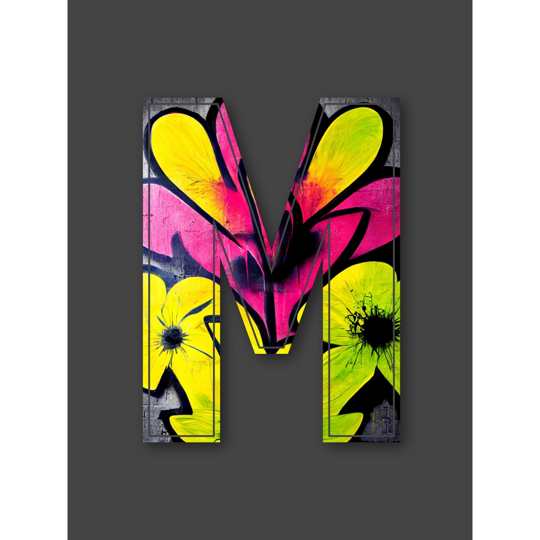 Letter M Neon Yellow Flower Decorative Graffiti Mural Alphabet Initial ...