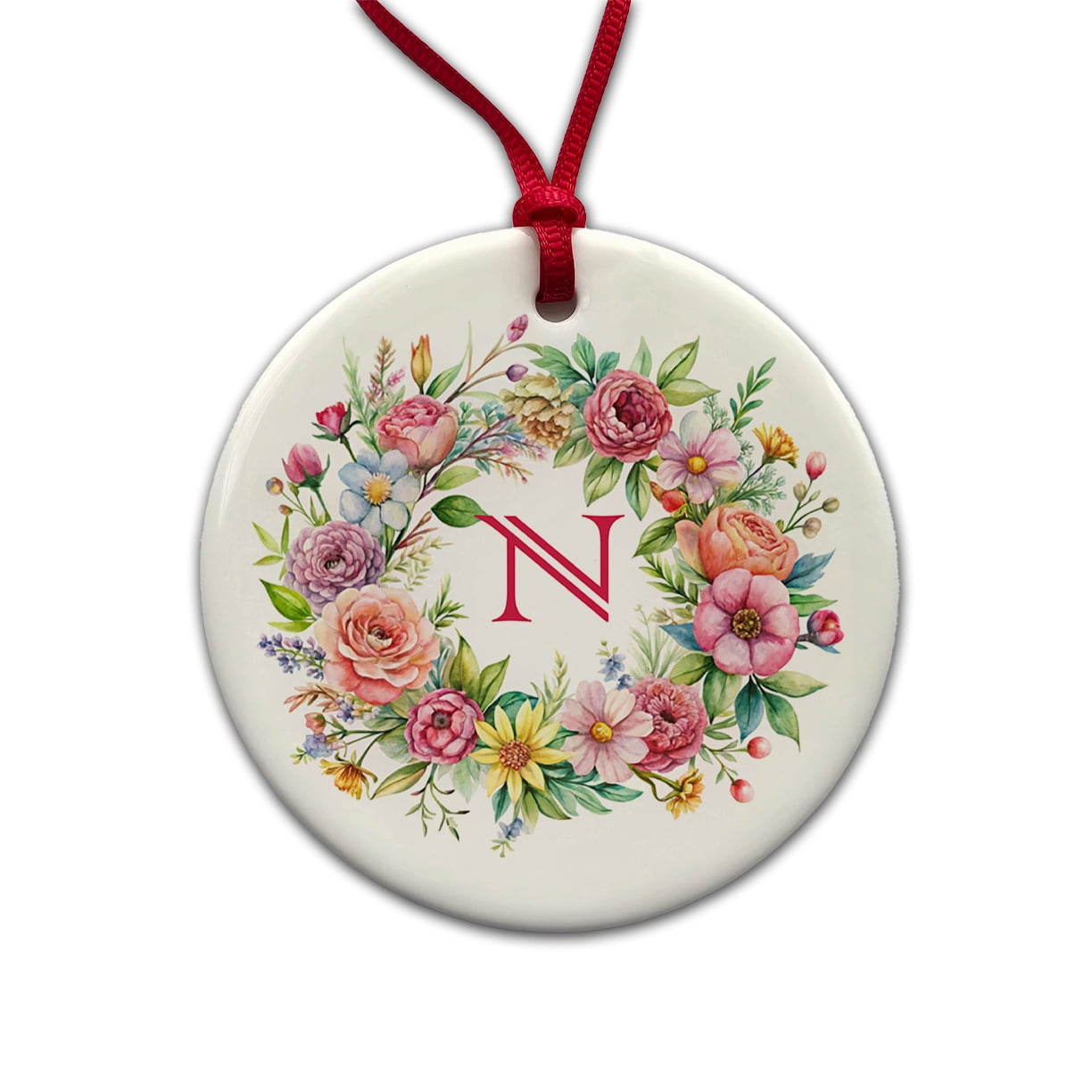 Letter N Initial Monogram Flowers Floral Christmas Tree Holiday Round ...