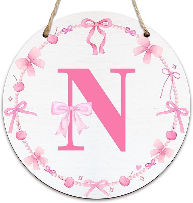 Letter N Round Wood Sign For Front Door, Cherry Bow Theme Sign For ...