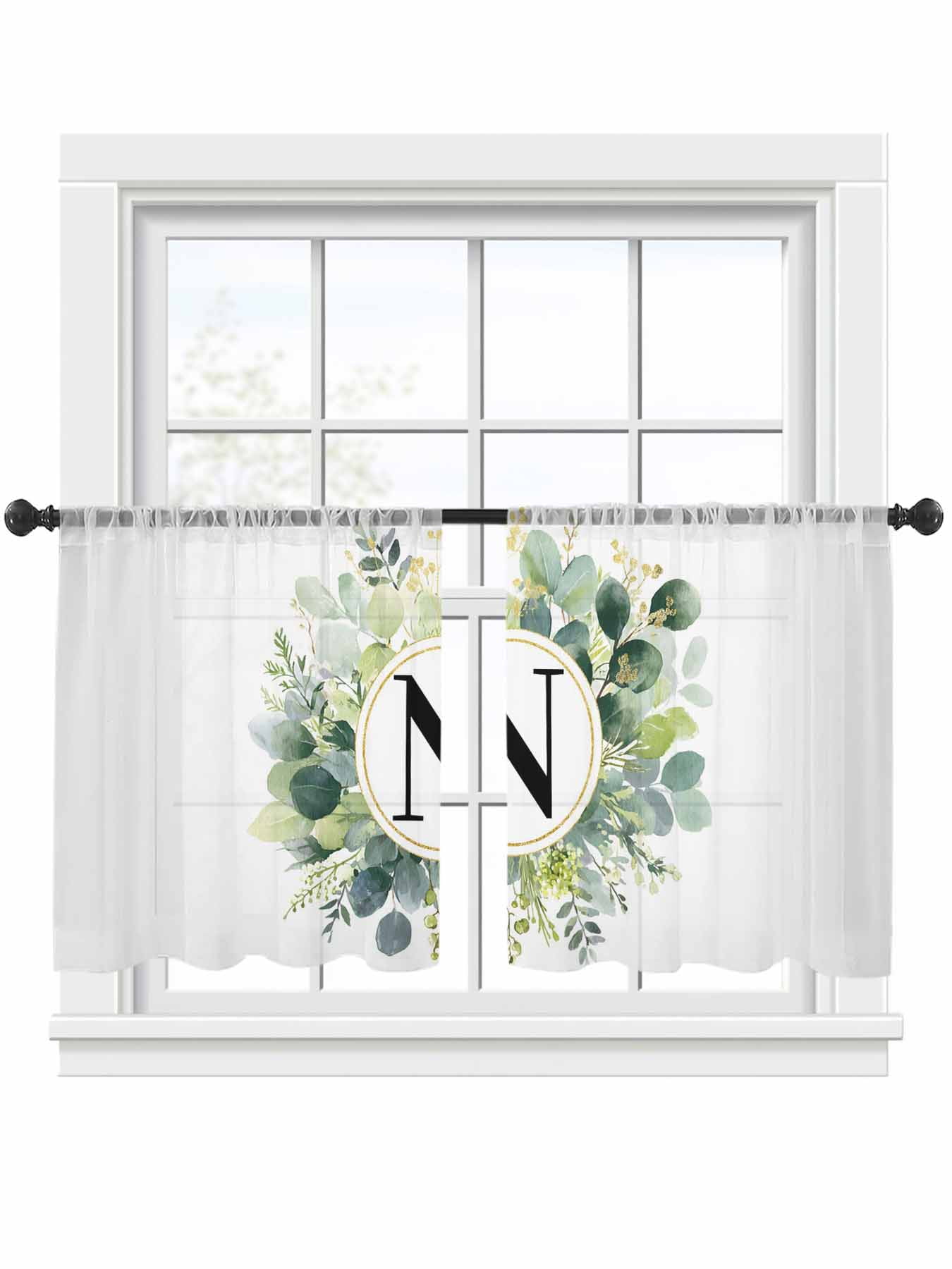 Letter N Sheer Curtains 45 inches Long, Alphabet Green Eucalyptus ...