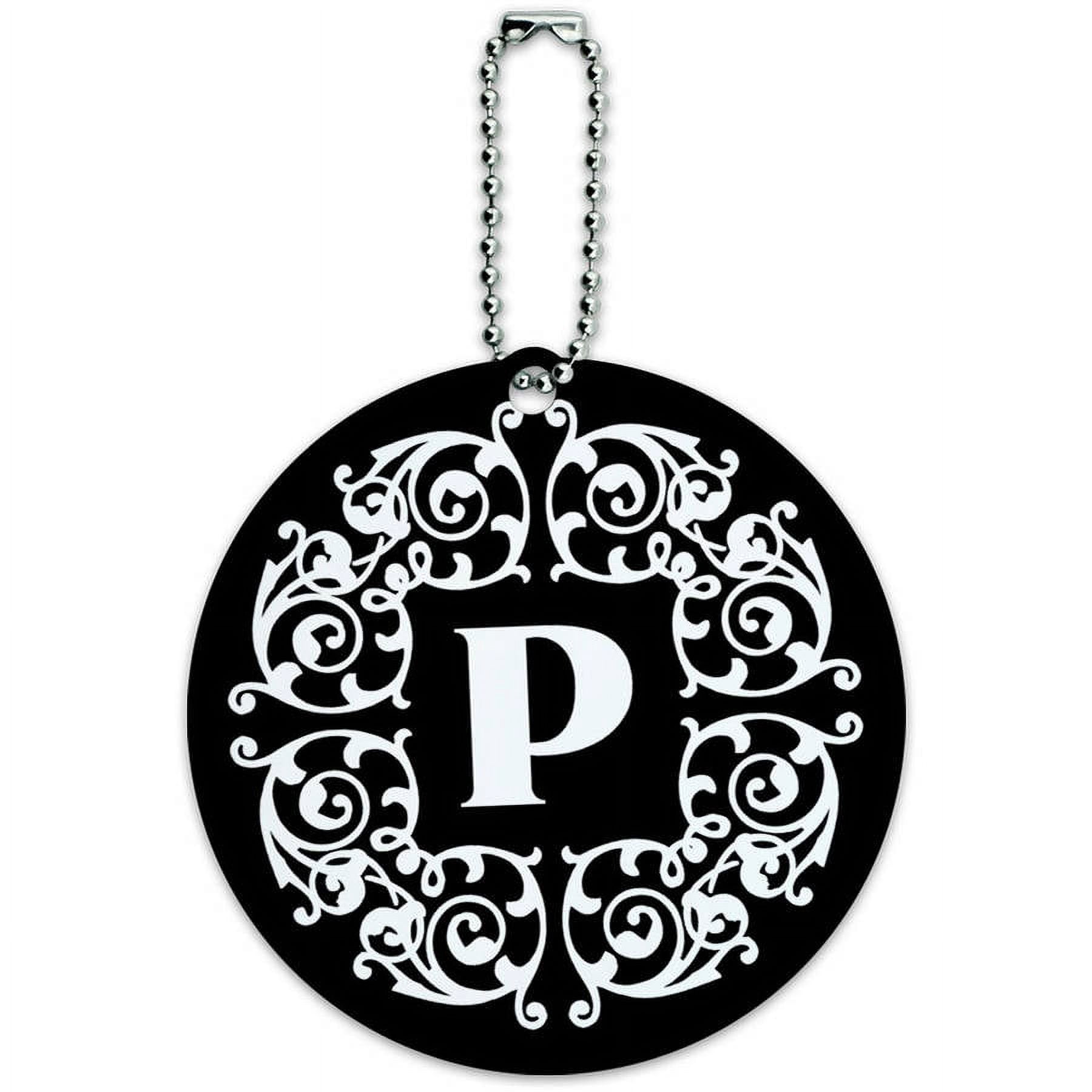 Letter P Initial Black White Scrolls Round Luggage ID Tag Card for ...