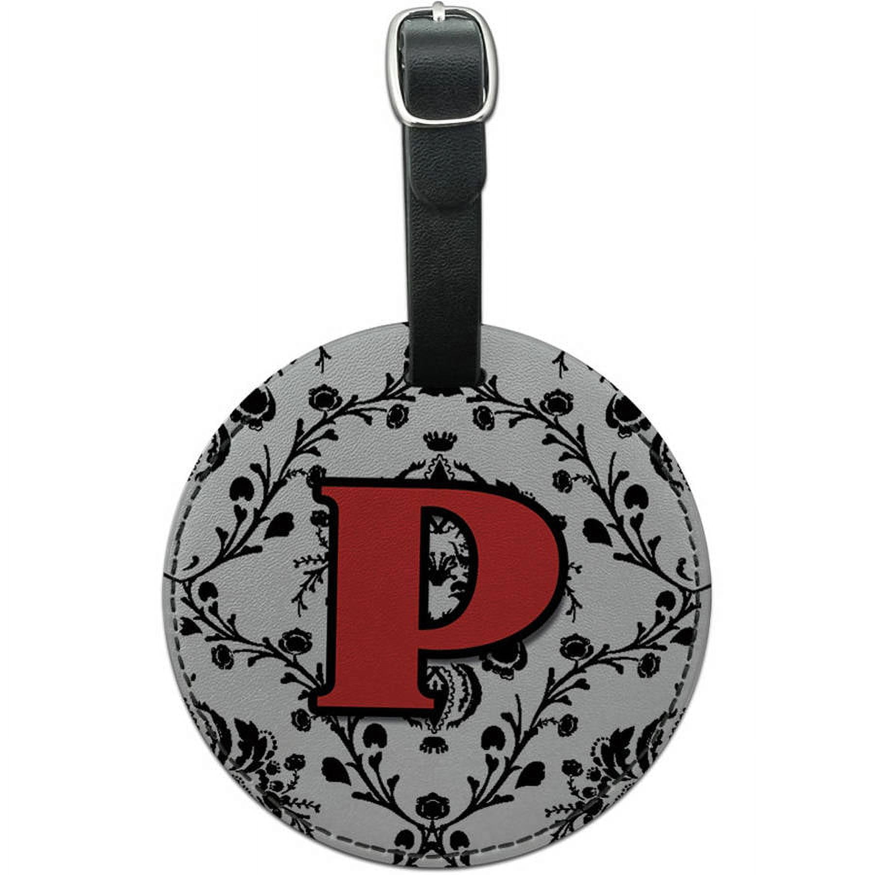 Letter P Initial Damask Elegant Red Black Round Leather Luggage ID Tag ...