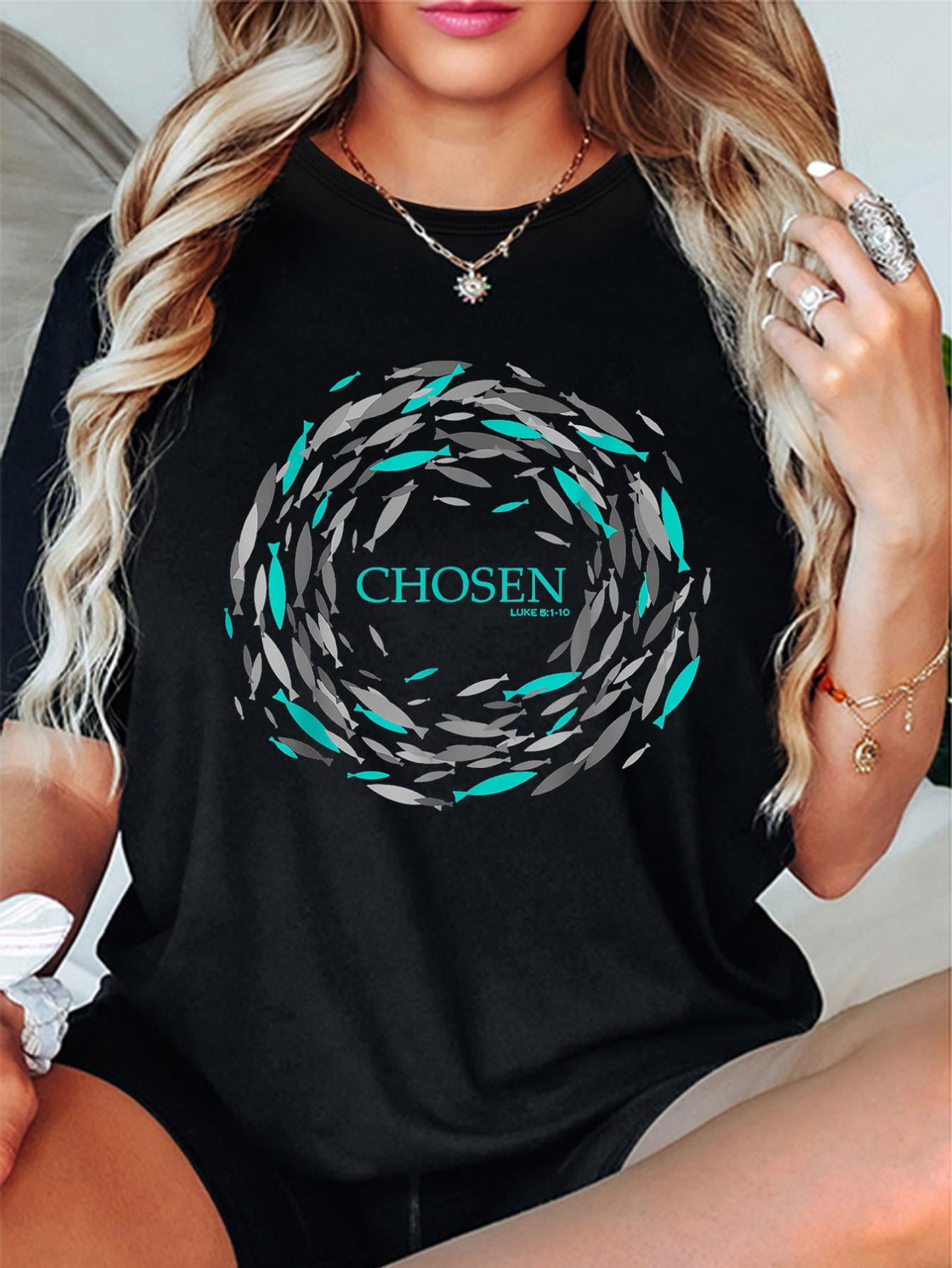 Letter & Portrait Print Crew Neck T-shirt, Casual Short Sleeve Summer ...