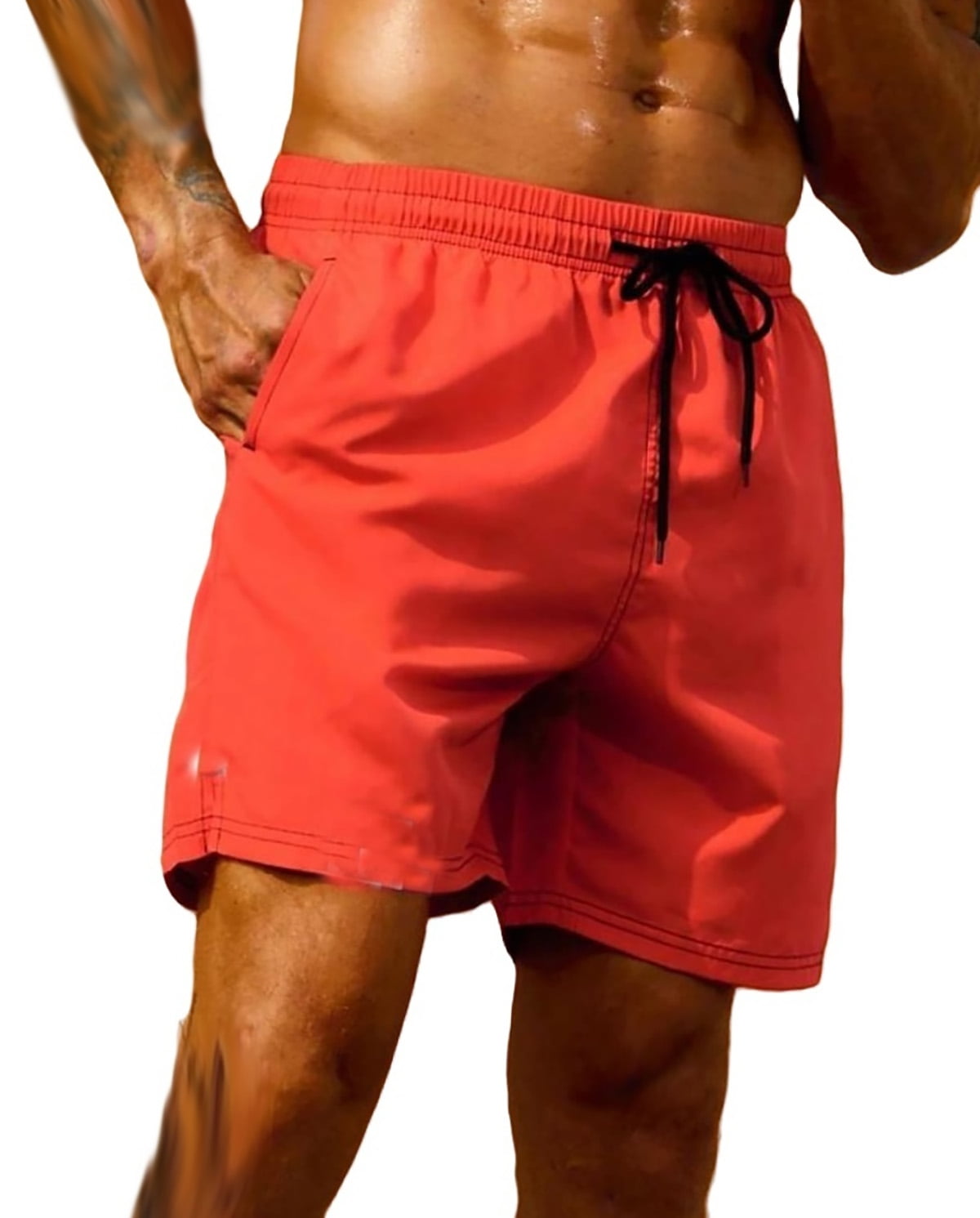 Letter Print Bottoms Red Drawstring Waist Men Beach Shorts (Men's Swim ...