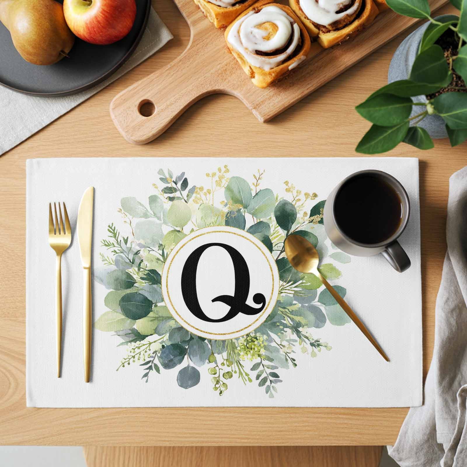 Letter Q Placemats Set of 4, Alphabet Green Eucalyptus Leaves Plant ...