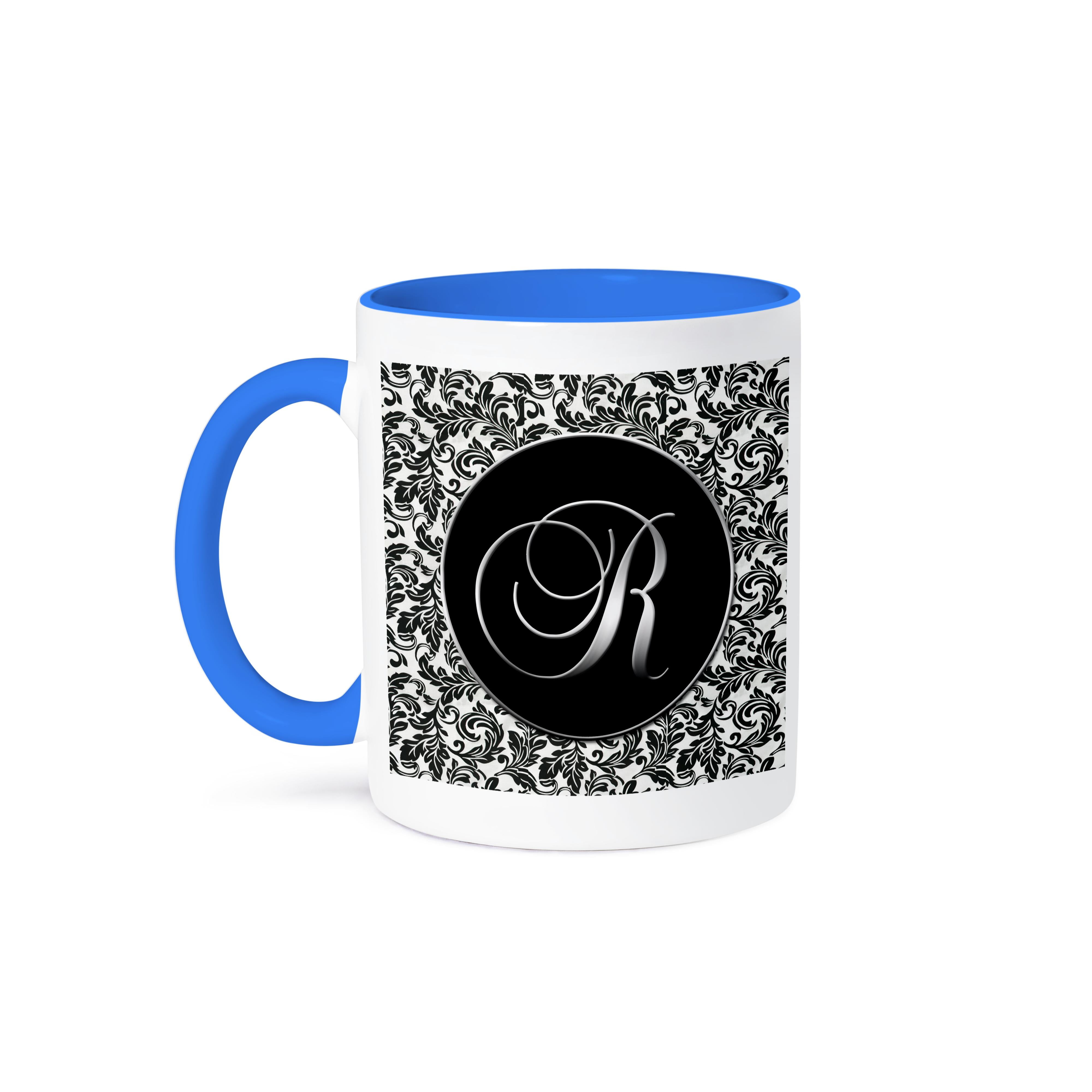3dRose, Letter R - Black and White Damask, 11oz Two-Tone Blue Mug ...
