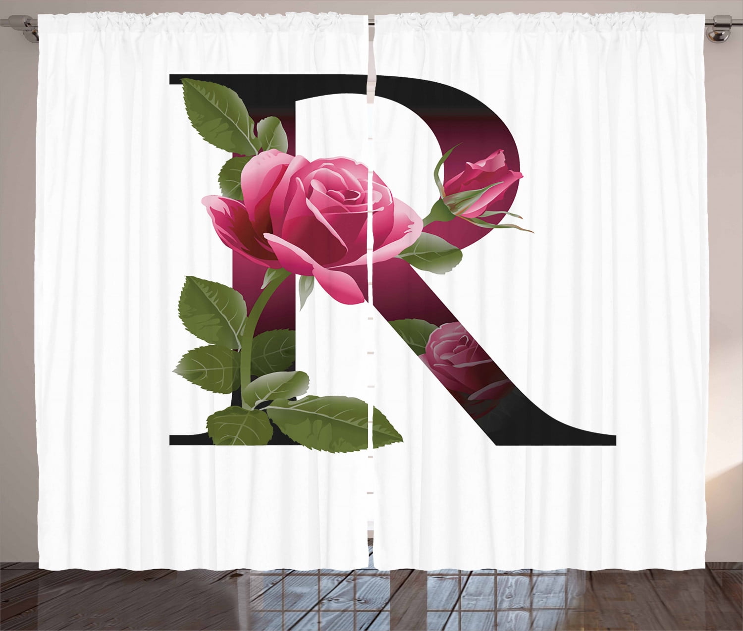 Letter R Curtains 2 Panels Set, Capitalized R Symbol with Flower of ...
