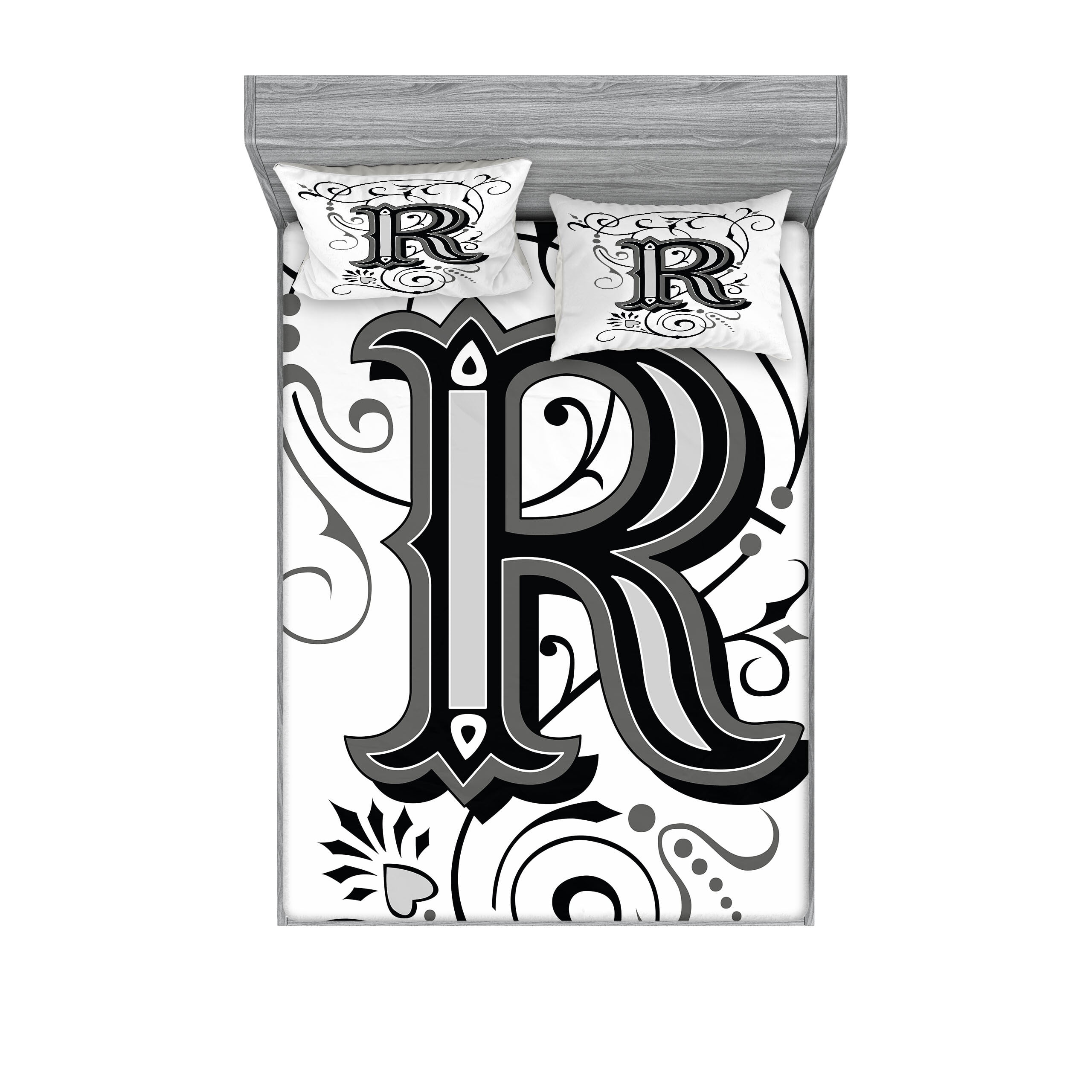 Letter R Fitted Sheet & Pillow Sham Set, Baroque Antique Typography Old ...
