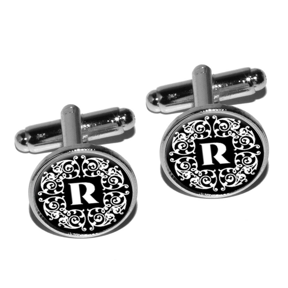 Letter R Initial Black and White Scrolls Round Cufflinks - Walmart.com