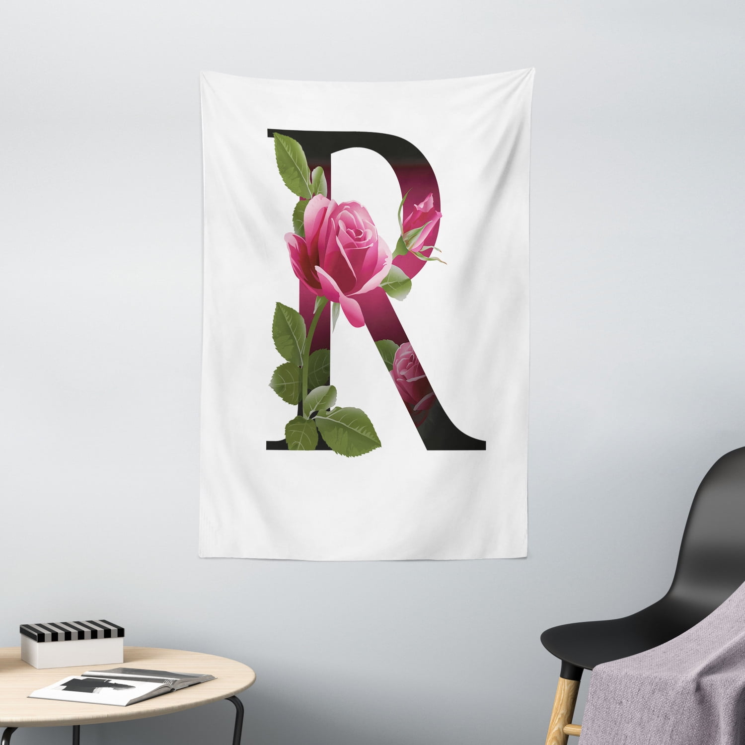 Letter R Tapestry, Capitalized R Symbol with Flower of Love Rose Nature ...