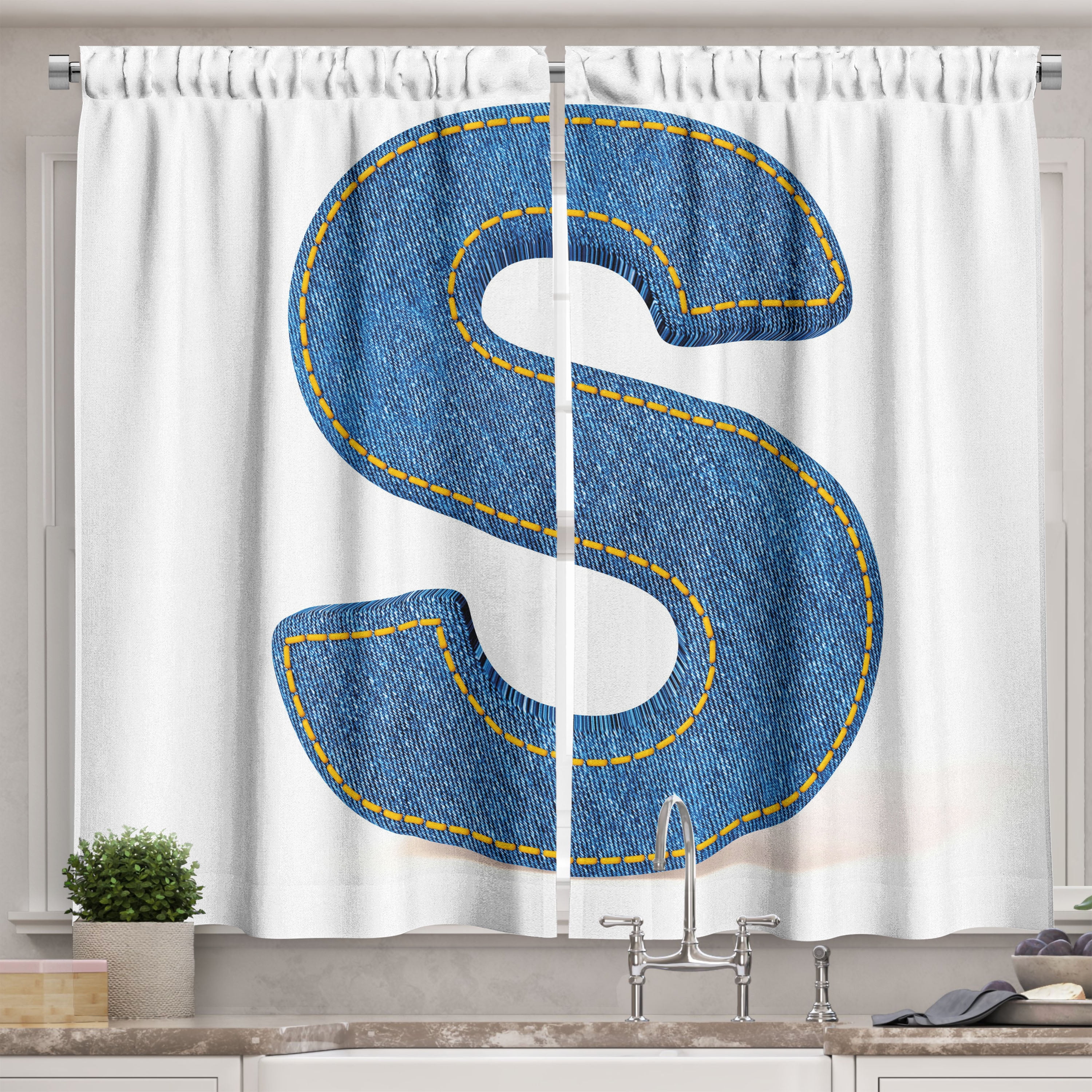 Letter S Curtains 2 Panels Set, Retro Style Denim Letter Character on ...
