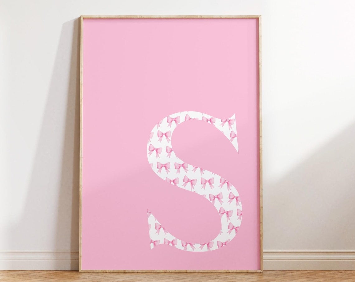 Letter S Poster, Pink Bow Print, Preppy Wall Art, S Initial Print, Cute ...