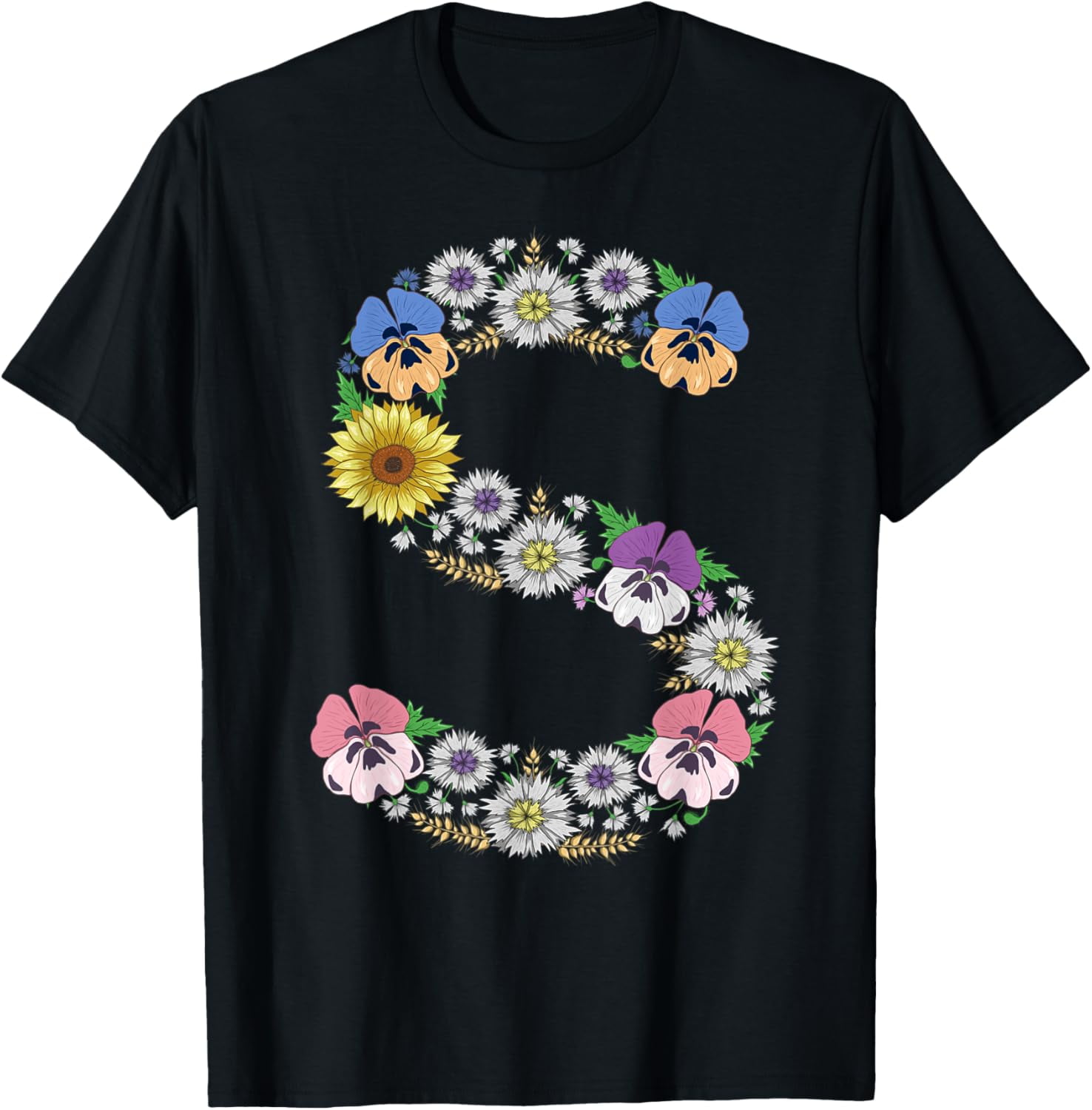Letter S Shirt Cute Initial Monogram Floral Alphabet Letters T-Shirt ...