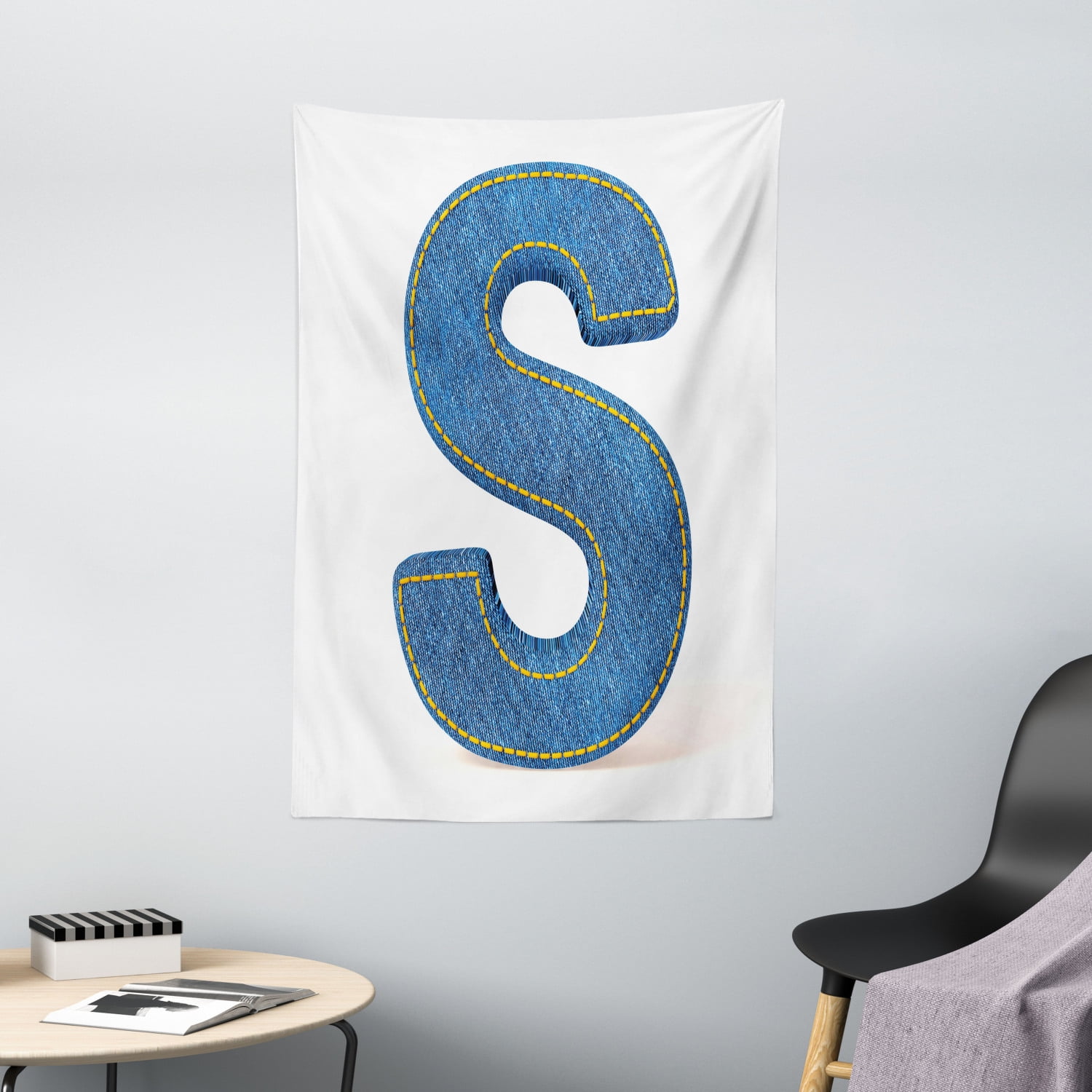 Letter S Tapestry, Retro Style Denim Letter Character on White ...