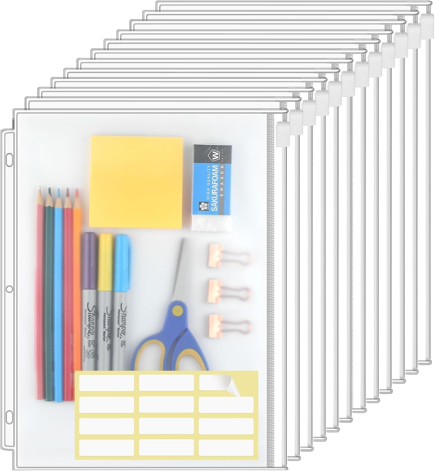 Letter Size Binder Pockets 3 Ring Binder Zipper Pouch 12 Pack, 3 Holes ...