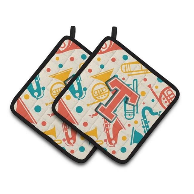 Letter T Retro Teal Orange Musical Instruments Initial Pair of Pot ...