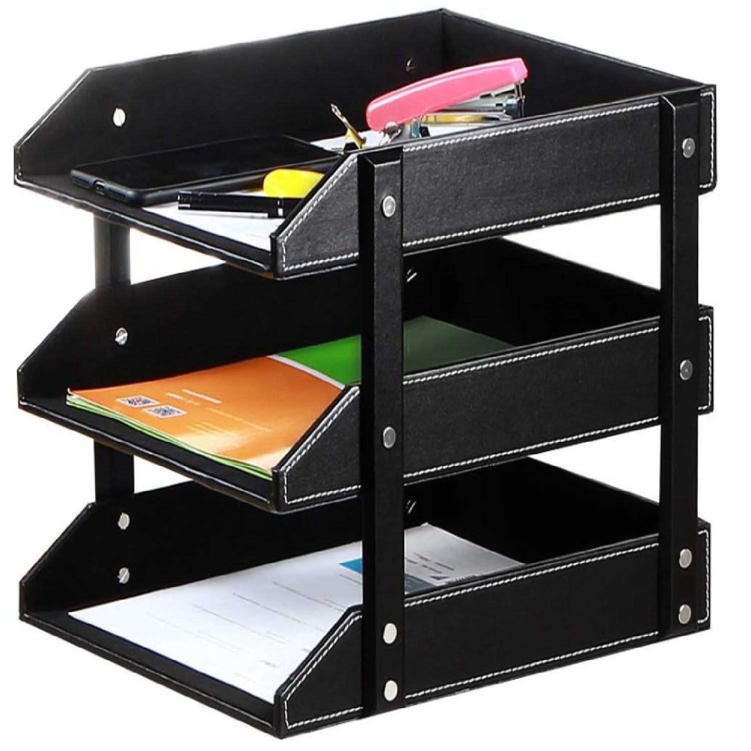 Letter Trays Leather Desk File Organizer, 3-Tier Shelves Document Paper ...