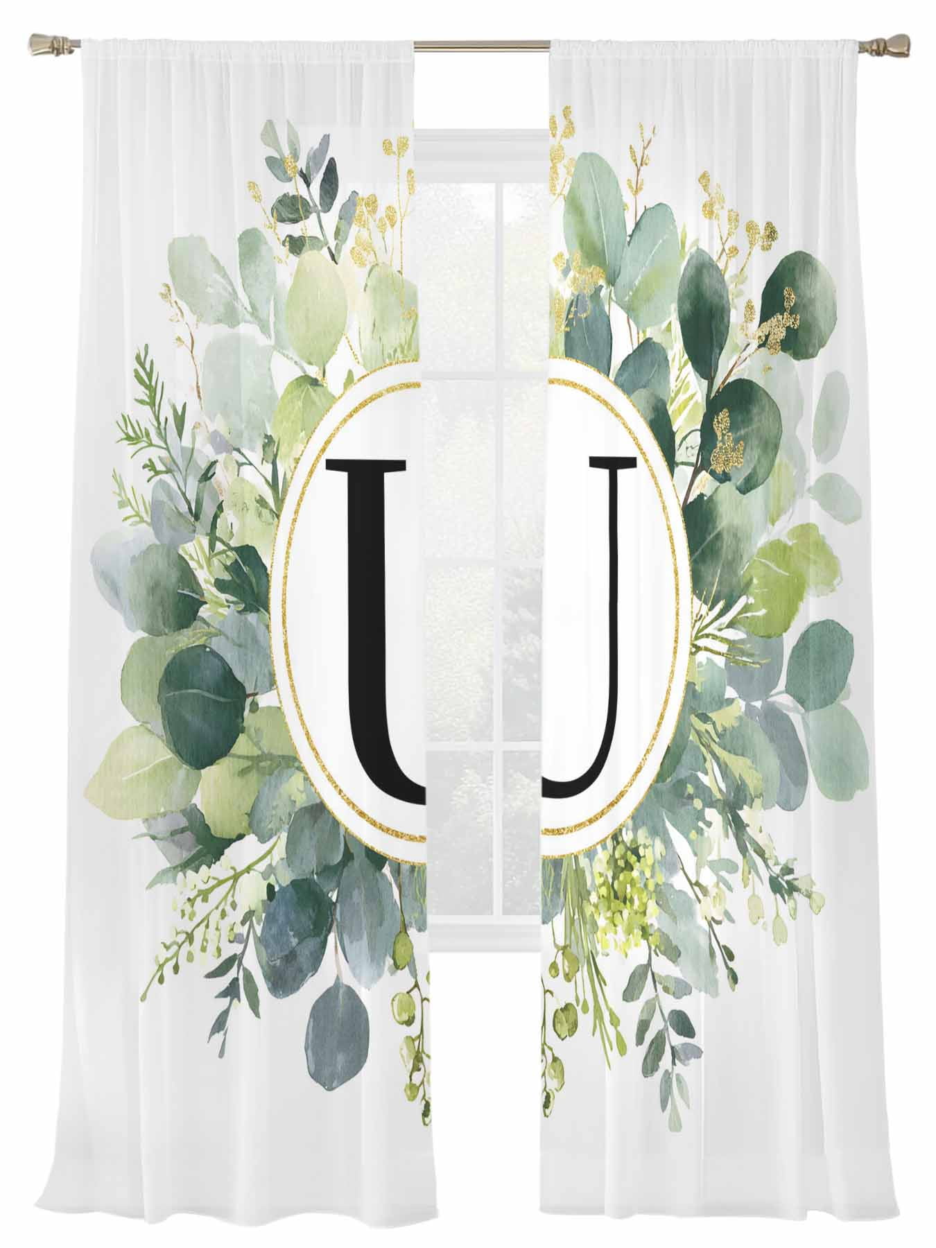 Letter U Sheer Curtains 108 inches Long, Alphabet Green Eucalyptus ...